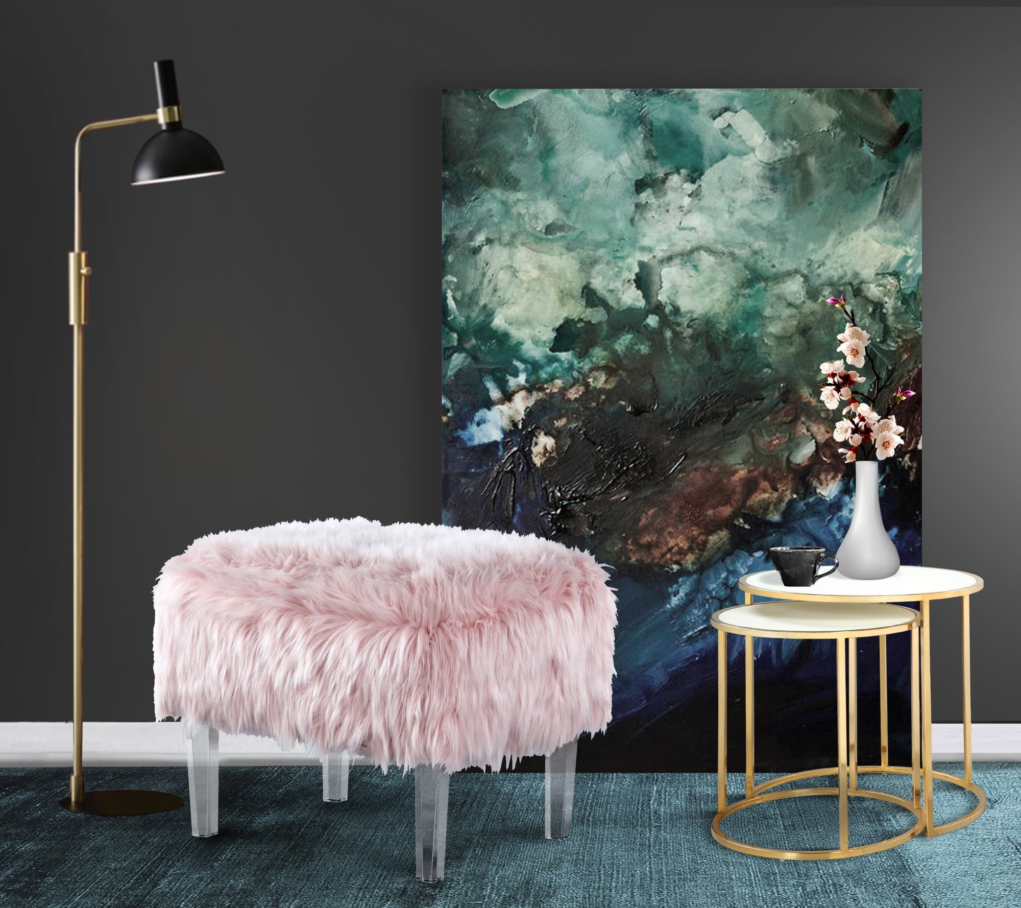 Chic Home Ricco Modern Contemporary Faux Fur Acrylic Leg Ottoman ...