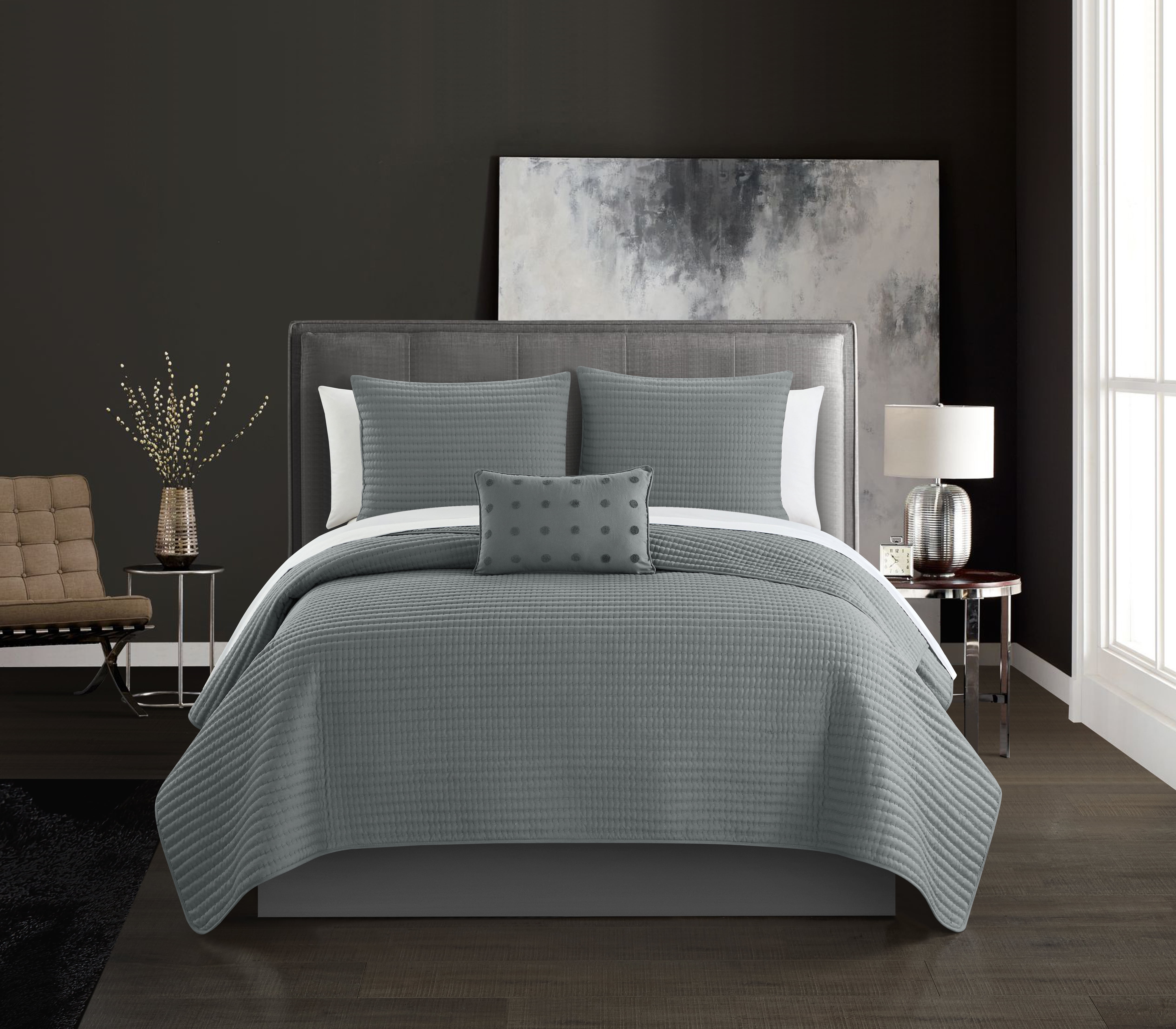 Free Shipping! Chic Home Rylan King Quilt Set 4 Piece Striped Box-Stitched with Decorative ...