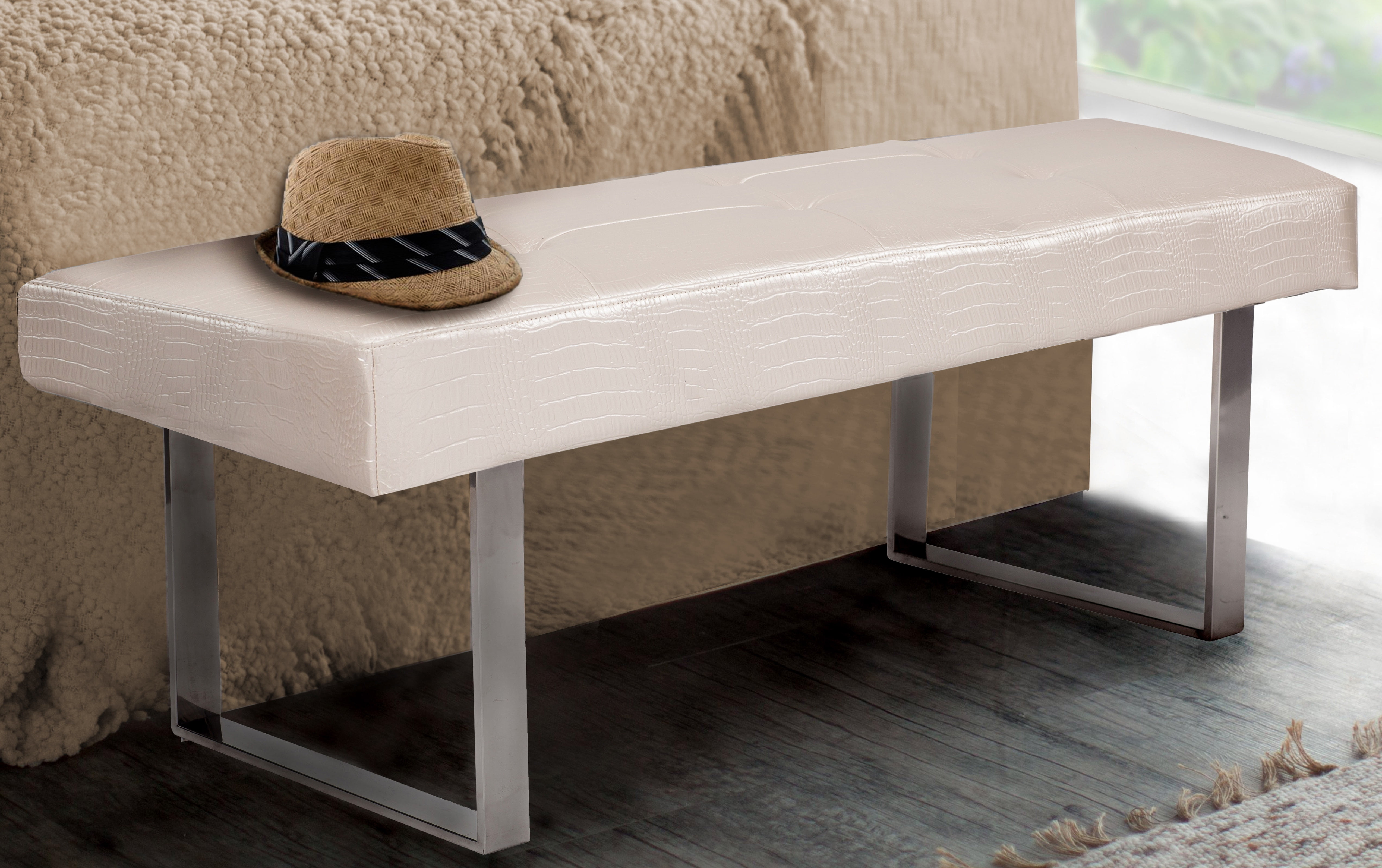 Chic Home Scott PU Leather Upholstered Tufted Seating Bench, Beige Croc ...