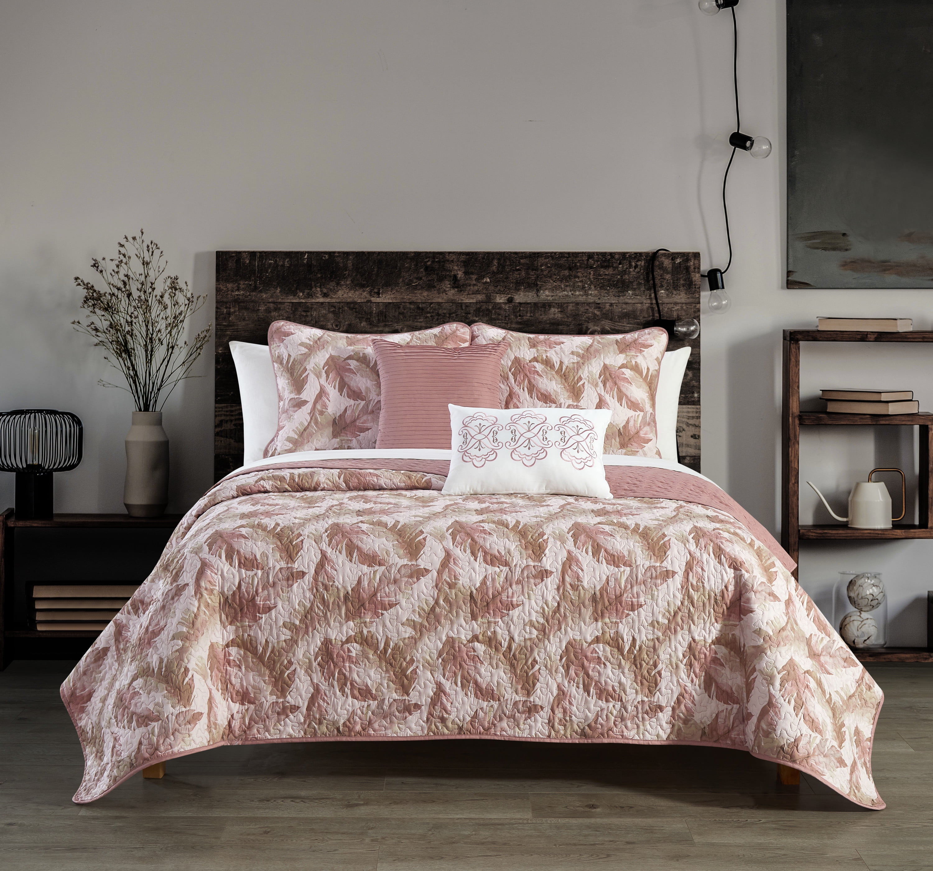 Chic Home Serra 9-Piece Reversible Leaf Design Quilt Set, King, Blush ...