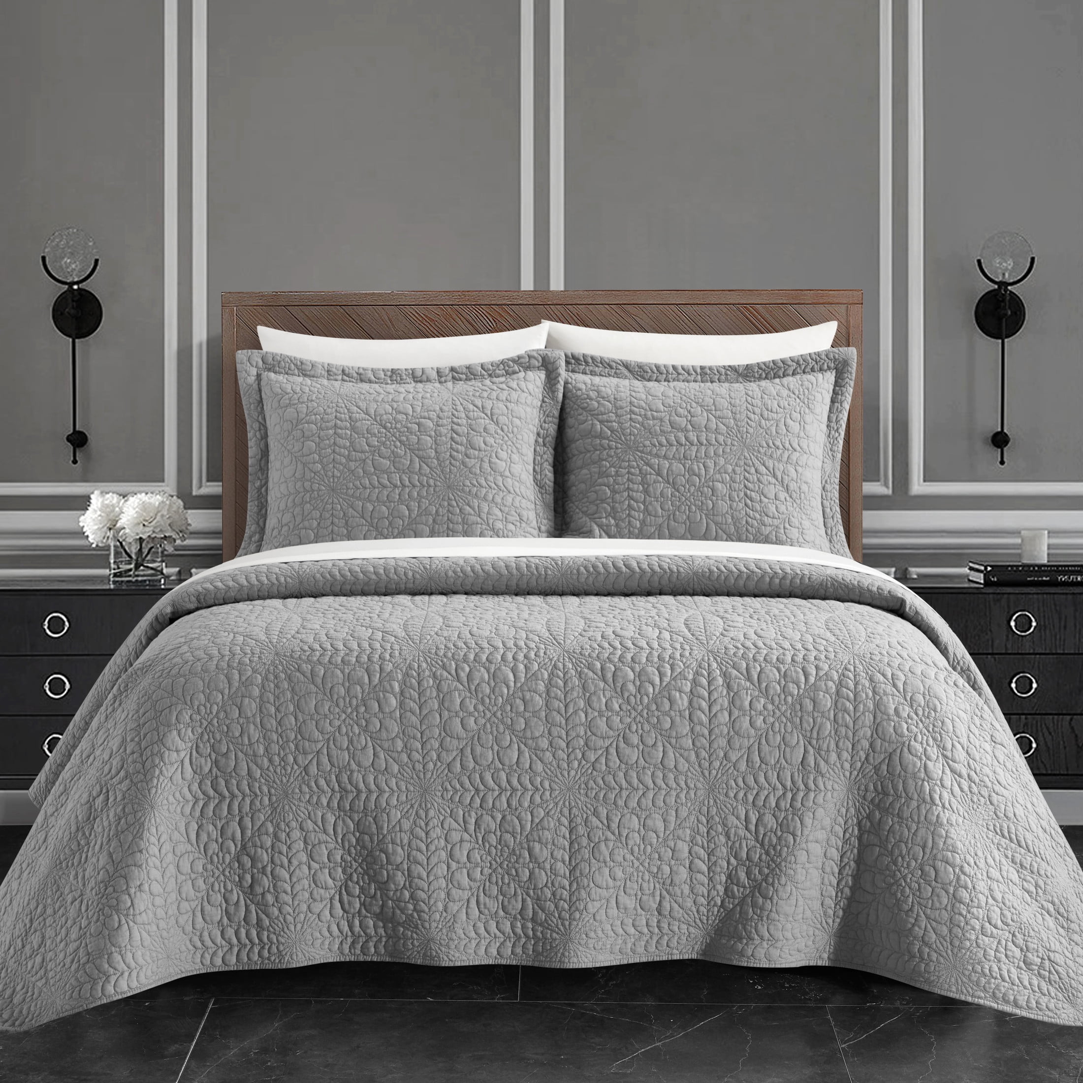 Chic Home Shalon 7-Piece Geometric Cotton Quilt Set, Queen, Grey ...