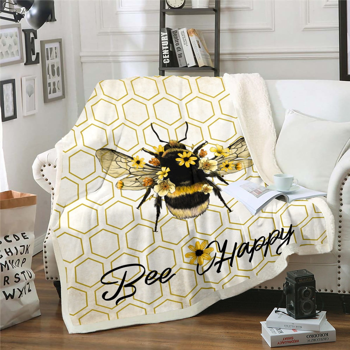 Chic Honey Bee Blanket Gold Honeycomb Throw Blanket for Bed, Bee Happy ...