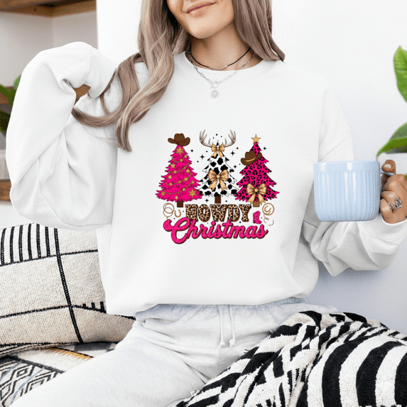 Chic Howdy Holiday Cowgirl Pink Tree Leopard Bow Western Sweatshirt up ...