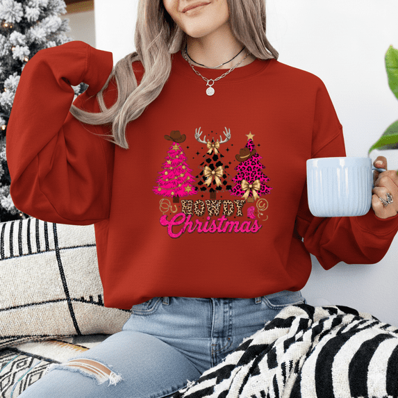 Chic Howdy Holiday Cowgirl Pink Tree Leopard Bow Western Sweatshirt up ...