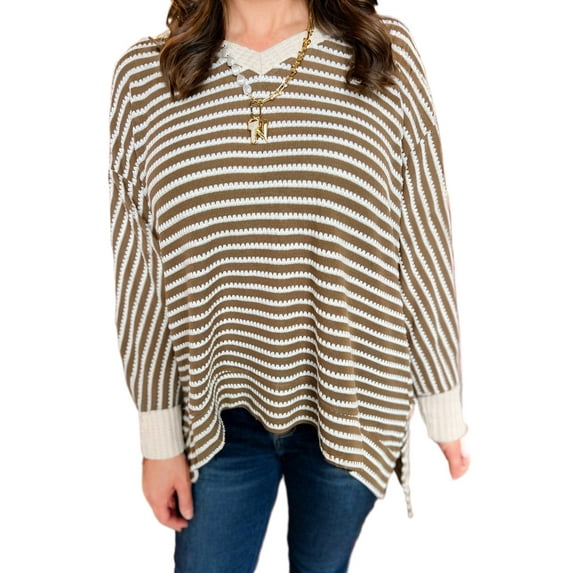 Chic Khaki Stripe Plus Size Top for Women – Long Sleeve Dolman Style, Perfect for Fall Outings ...