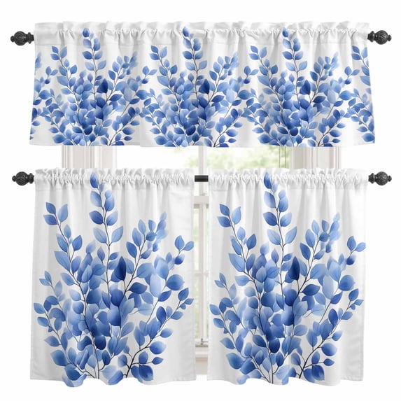 Chic Leaves Kitchen Curtains Sets for Windows 36 Inch Length, Blue Leaf ...