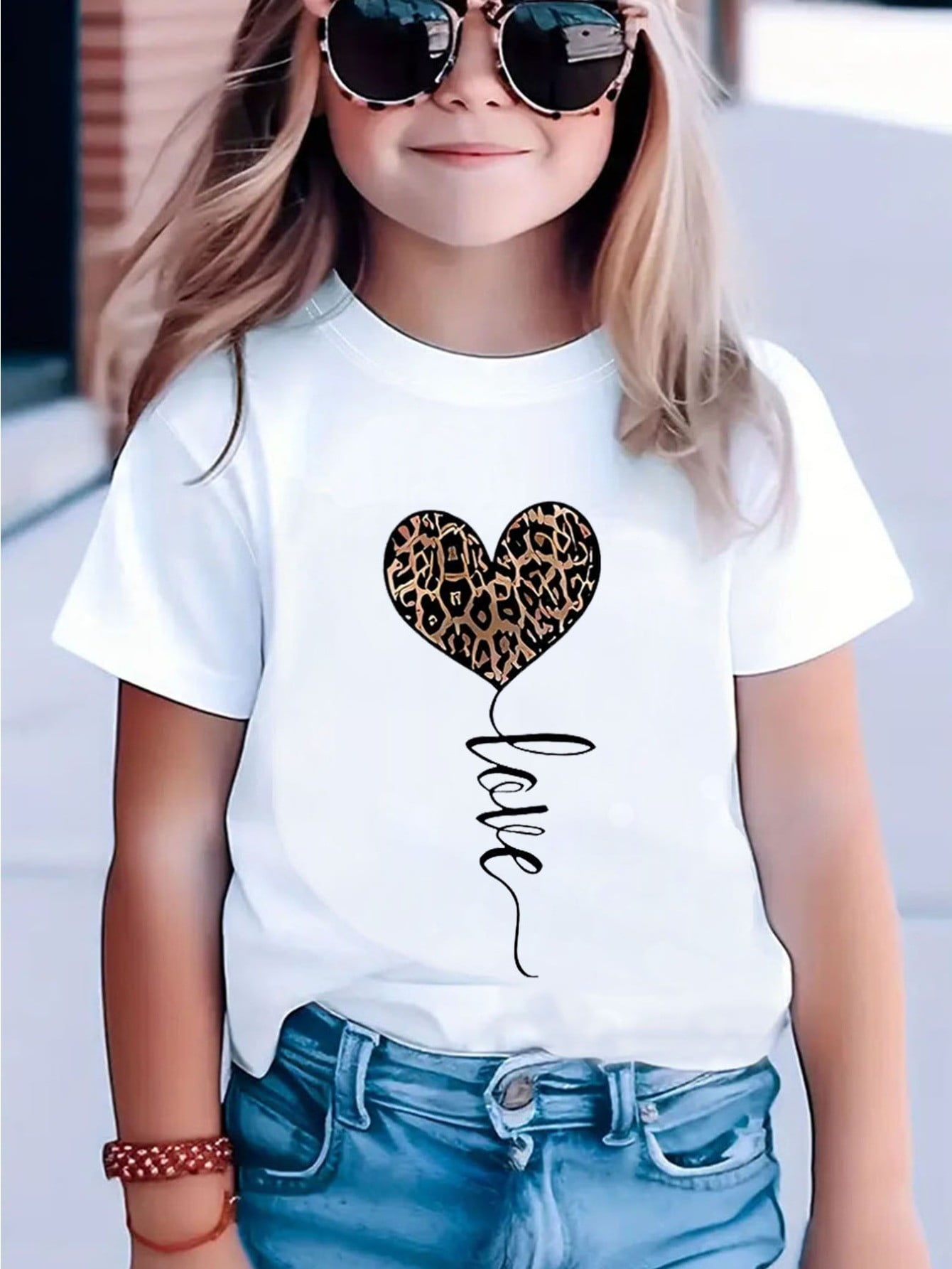 Chic Leopard Print Heart Girls' T-Shirt - Soft Short Sleeve Round Neck ...