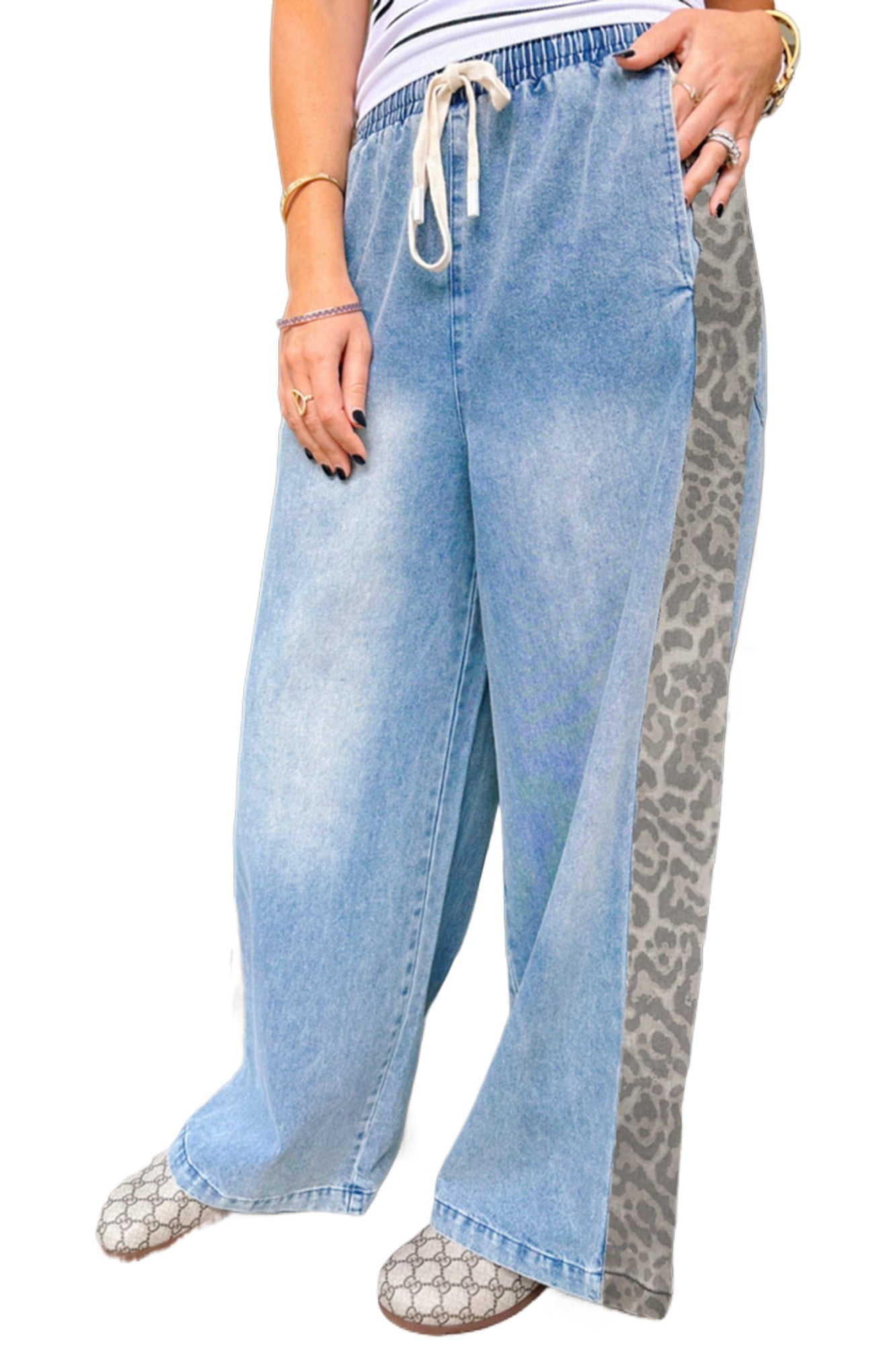 Chic Leopard and Striped Wide Leg Jeans in Beau Blue – Ideal for Daily ...