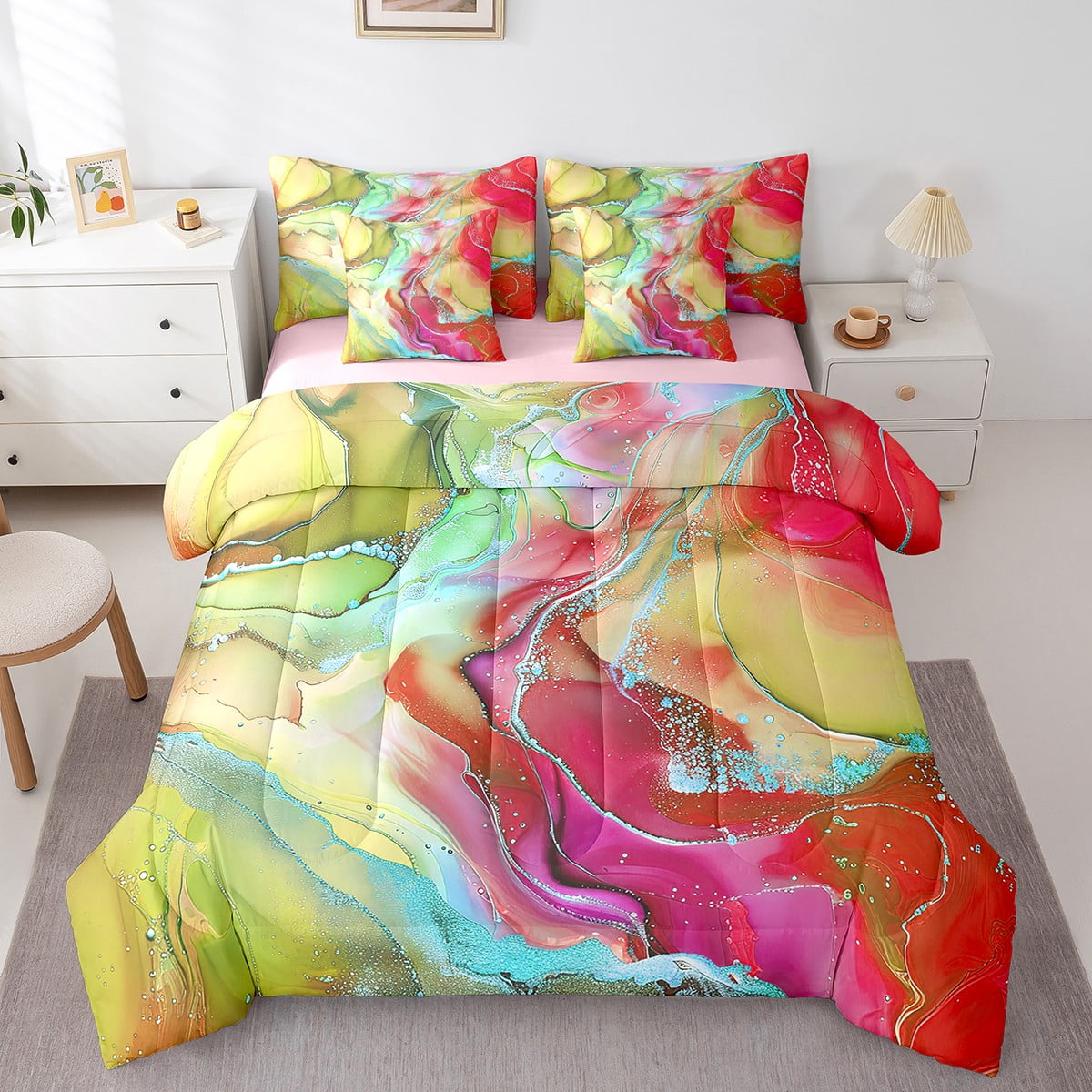 Chic Marble Bedding Queen Size 7pcs Yellow Red Watercolor Comforter Set ...