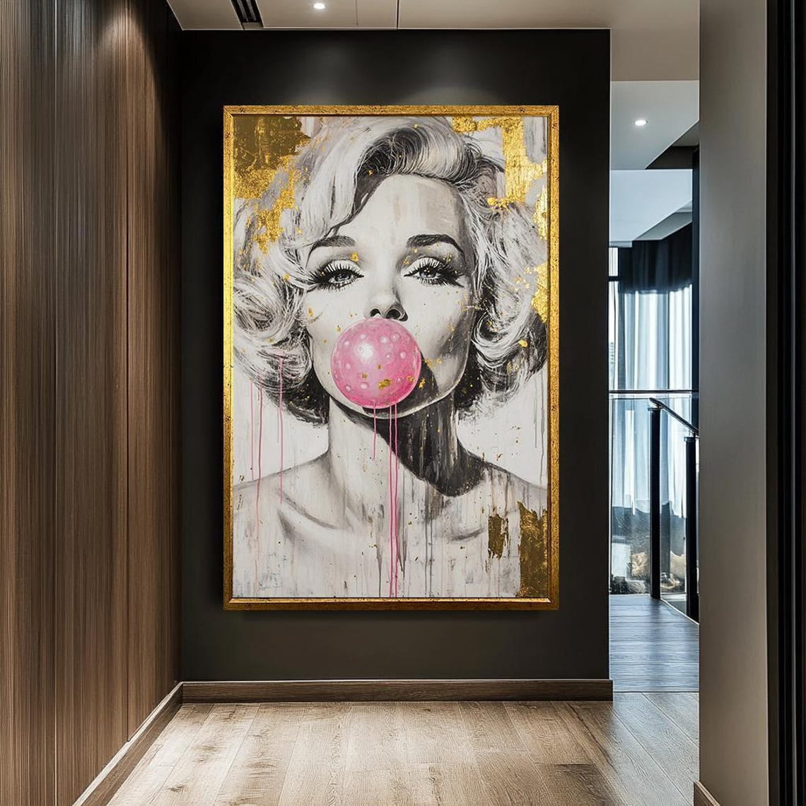 Chic Marilyn Monroe Bubblegum Art Print, Glamorous Pop Art Canvas, Gold ...
