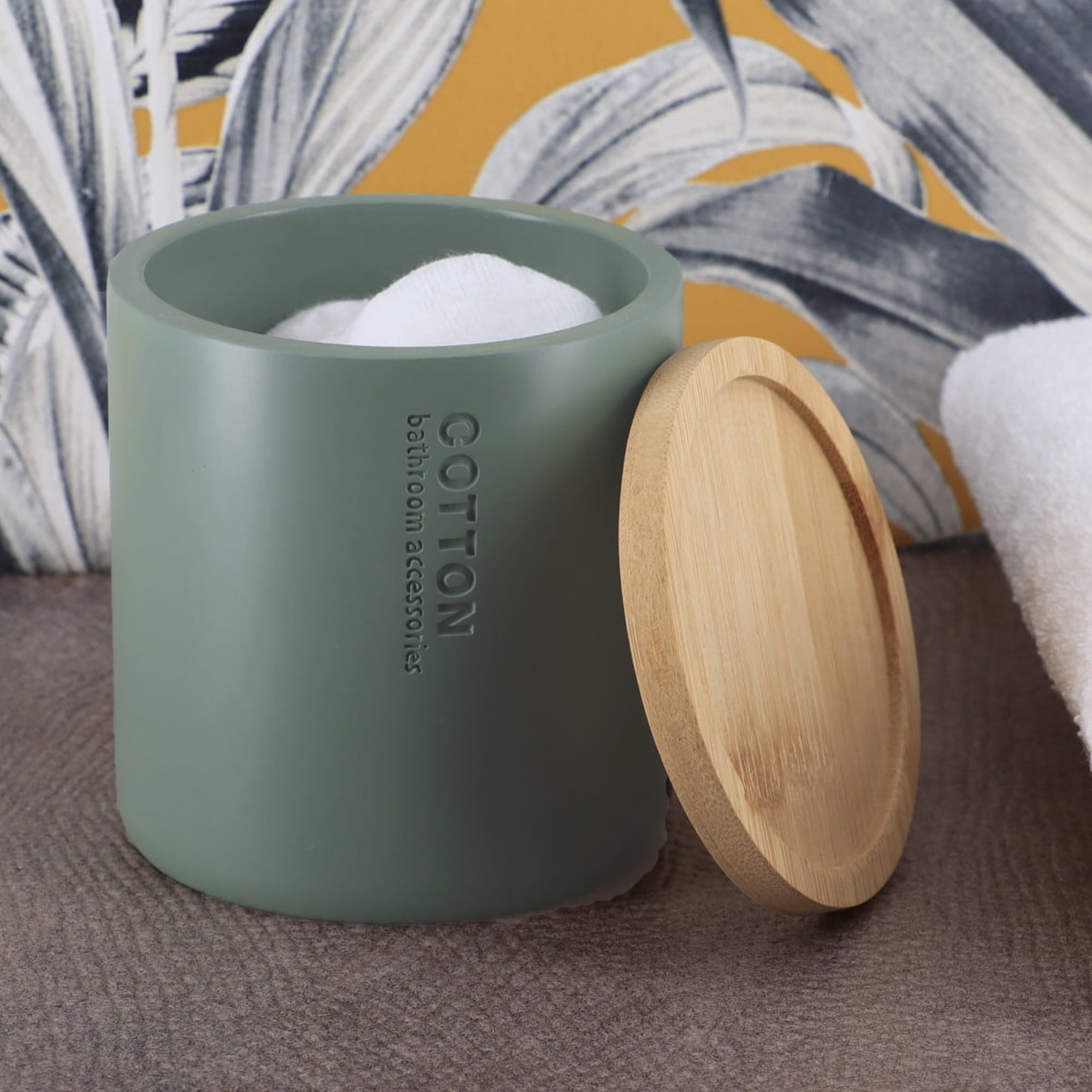 Chic Matte Green Cotton Swab Container with Natural Bamboo Lid ...