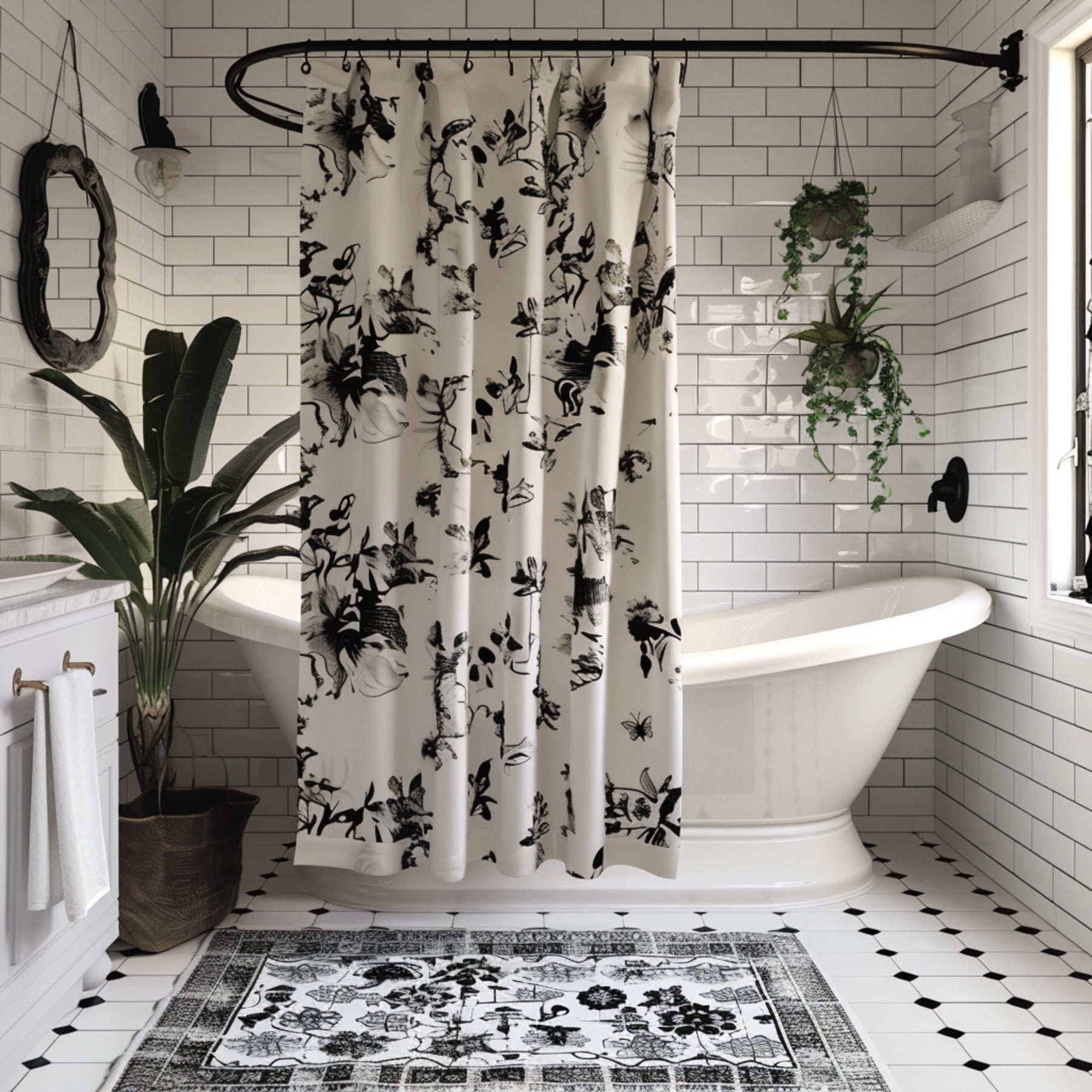 Chic Monochrome Floral Shower Curtain Elevate Your Bathroom Style