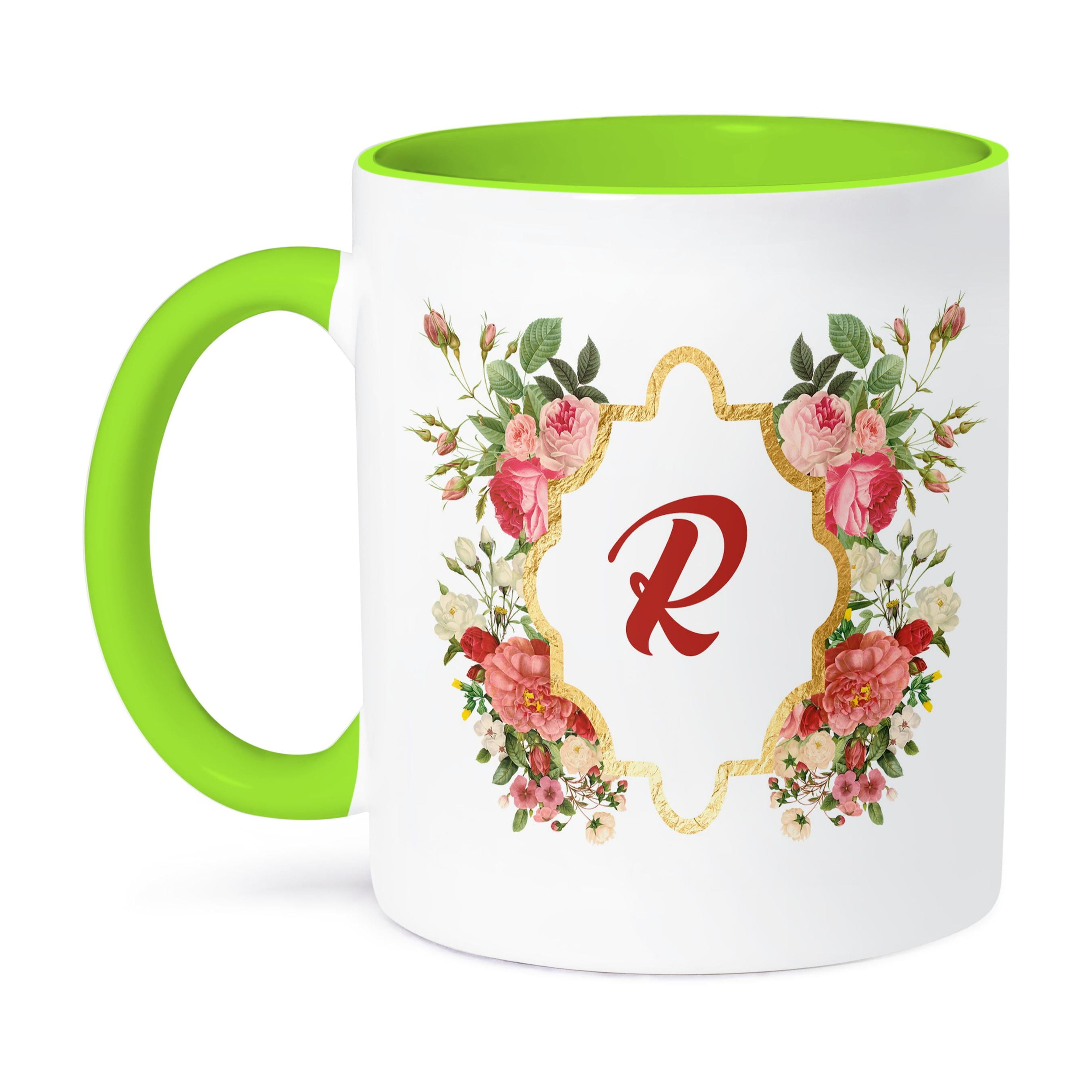 3dRose, Chic Monogram Letter R In A Gold Flowered Frame On White, 11oz Two-Tone Green Mug ...