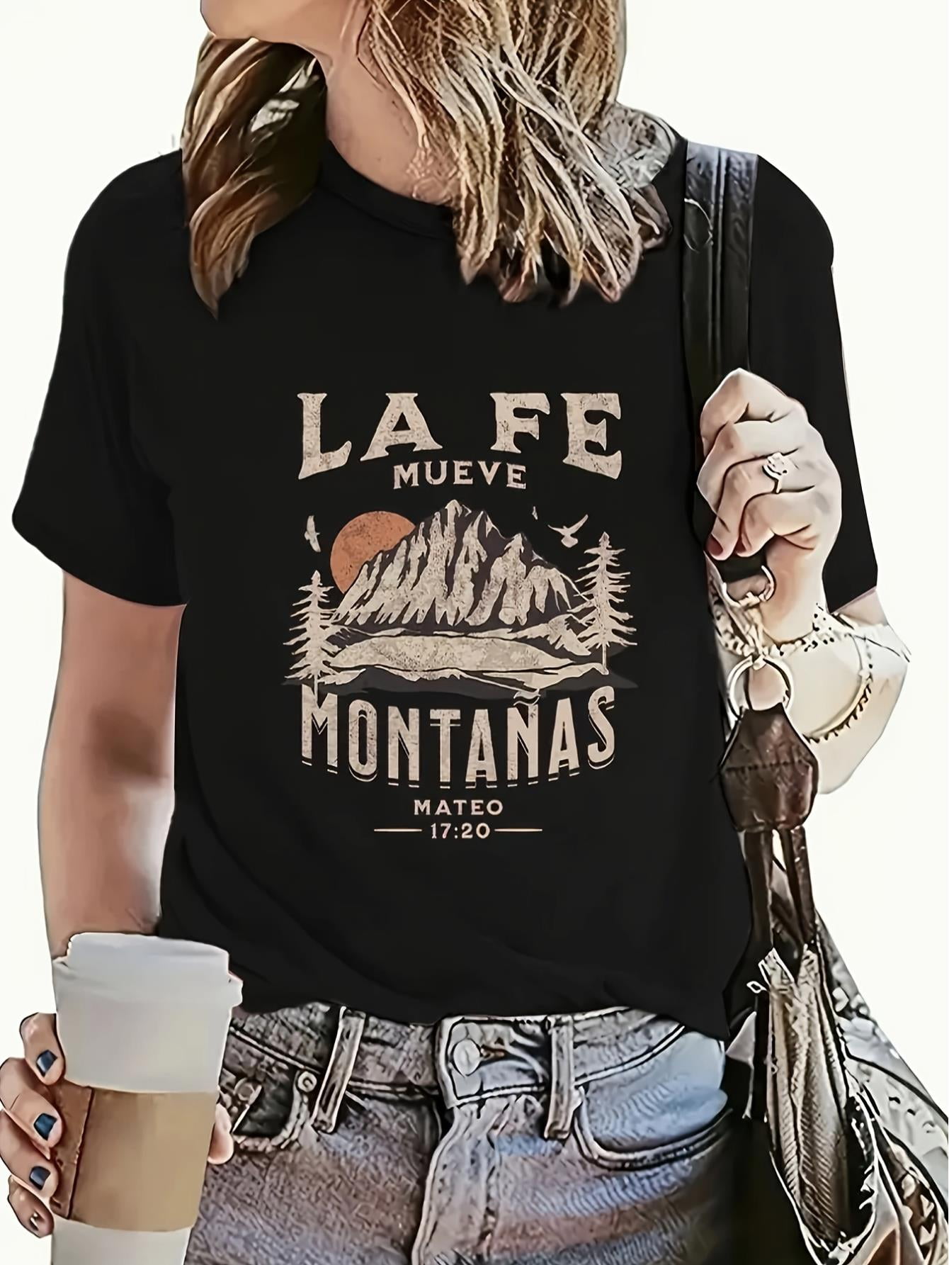 Chic Mountain Vista & Script Print T-Shirt, Casual Crew Neck Short ...