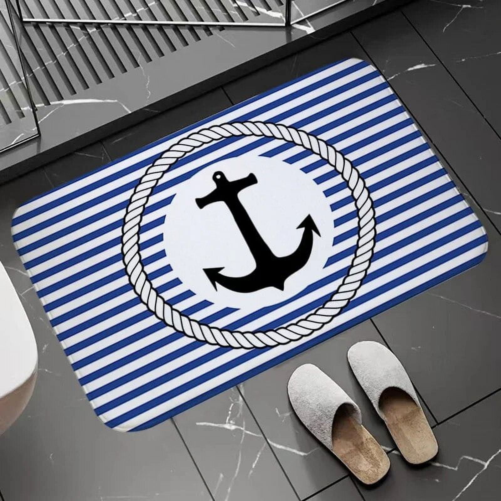 Chic Nautical Anchor Boat Navy Blue Stripes Doormat Bathroom AntiSlip ...