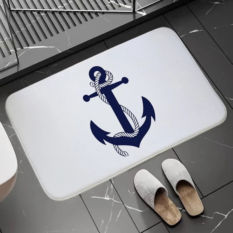 Chic Nautical Anchor Boat Navy Blue Stripes Doormat Bathroom AntiSlip ...