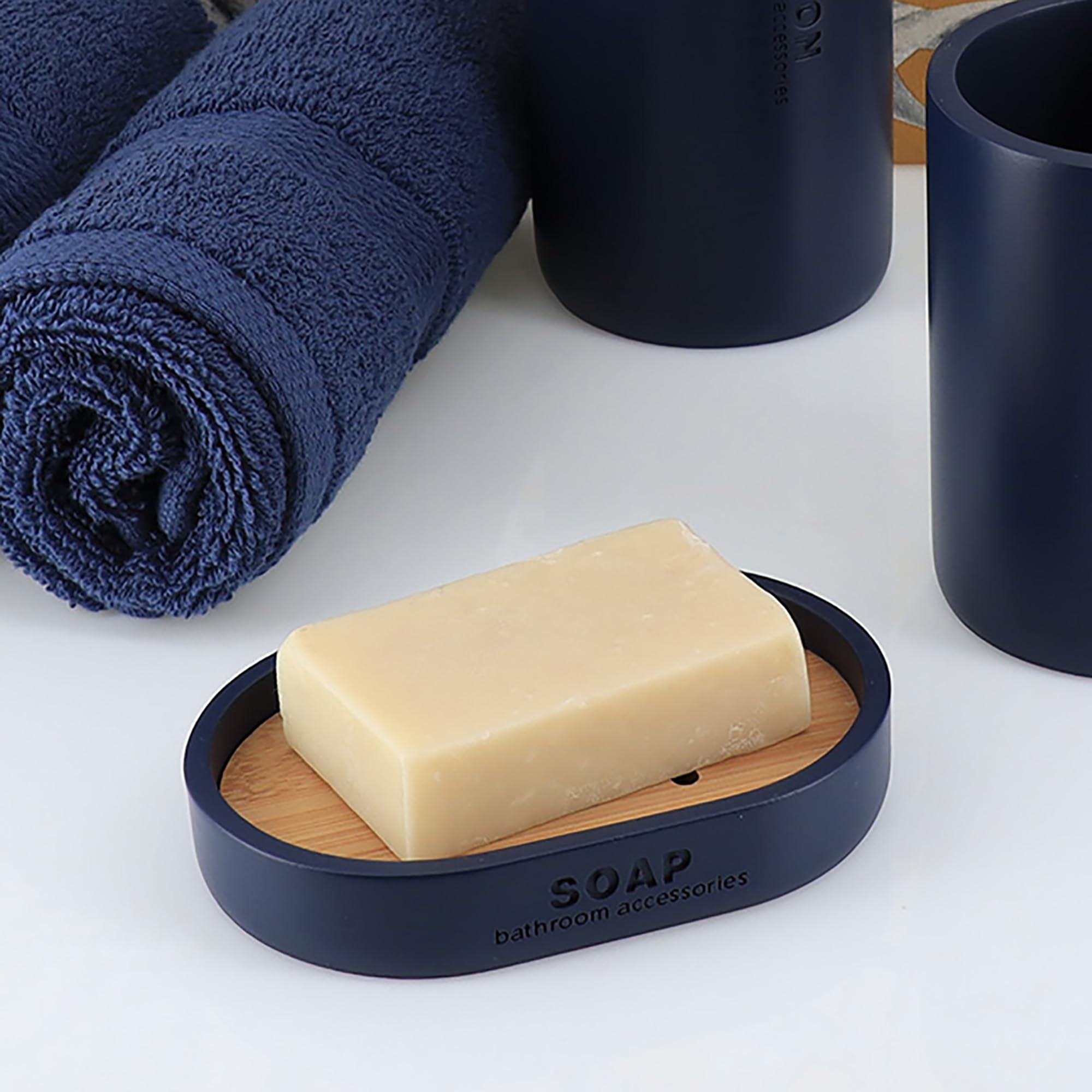 Chic Navy Blue Polyresin Soap Dish with Draining Bamboo Insert ...