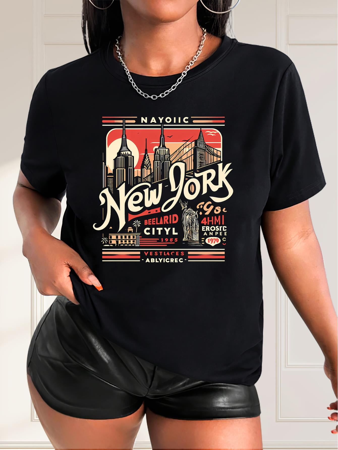 Chic New York City Graphic Tee for Women - Casual Round Neck Short ...