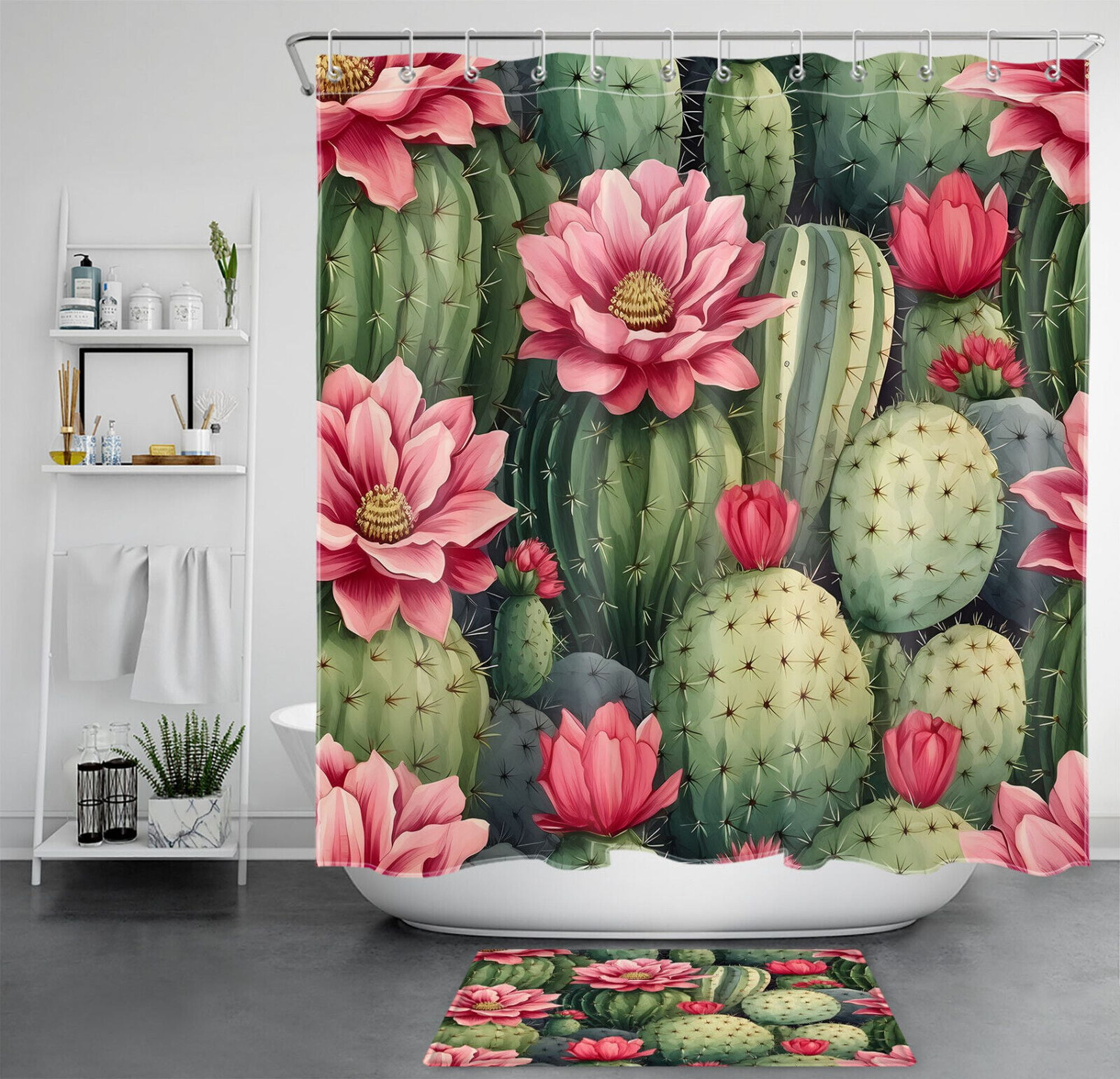 Chic Oasis Vibrant Green Cactus And Pink Floral Shower Curtain Set