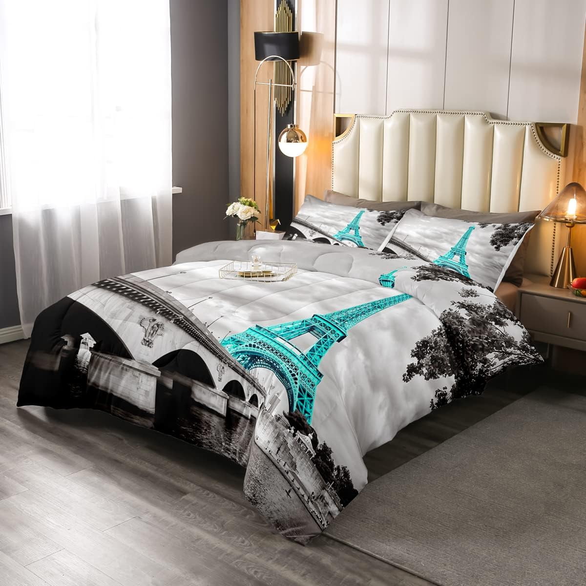 Chic Paris Cityscape Eiffel Tower Comforter Set, Gray and French Teal ...