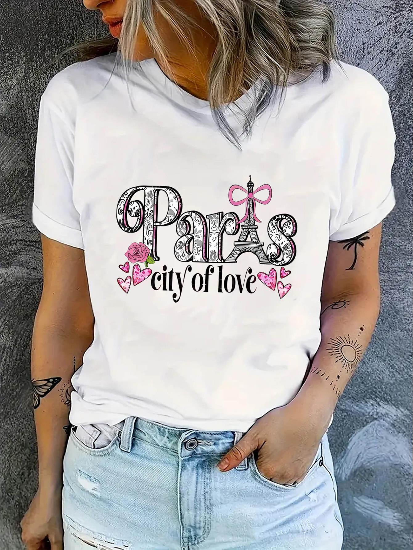 Chic Paris Eiffel Tower & Floral Print Women's T-Shirt - Casual Crew ...