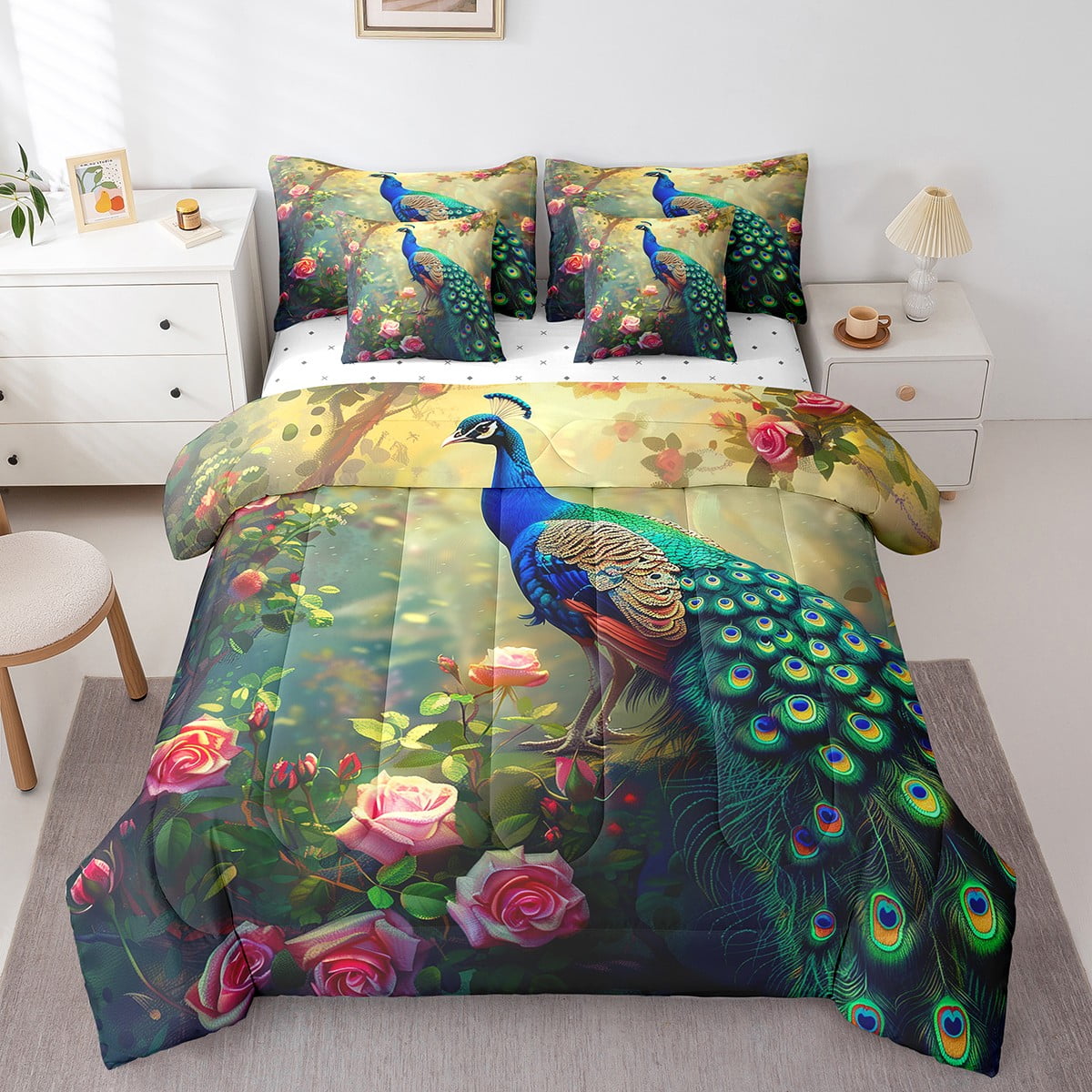 Chic Peacock Twin Comforter Set 7 Pieces Rose Blossoms Bedding ...