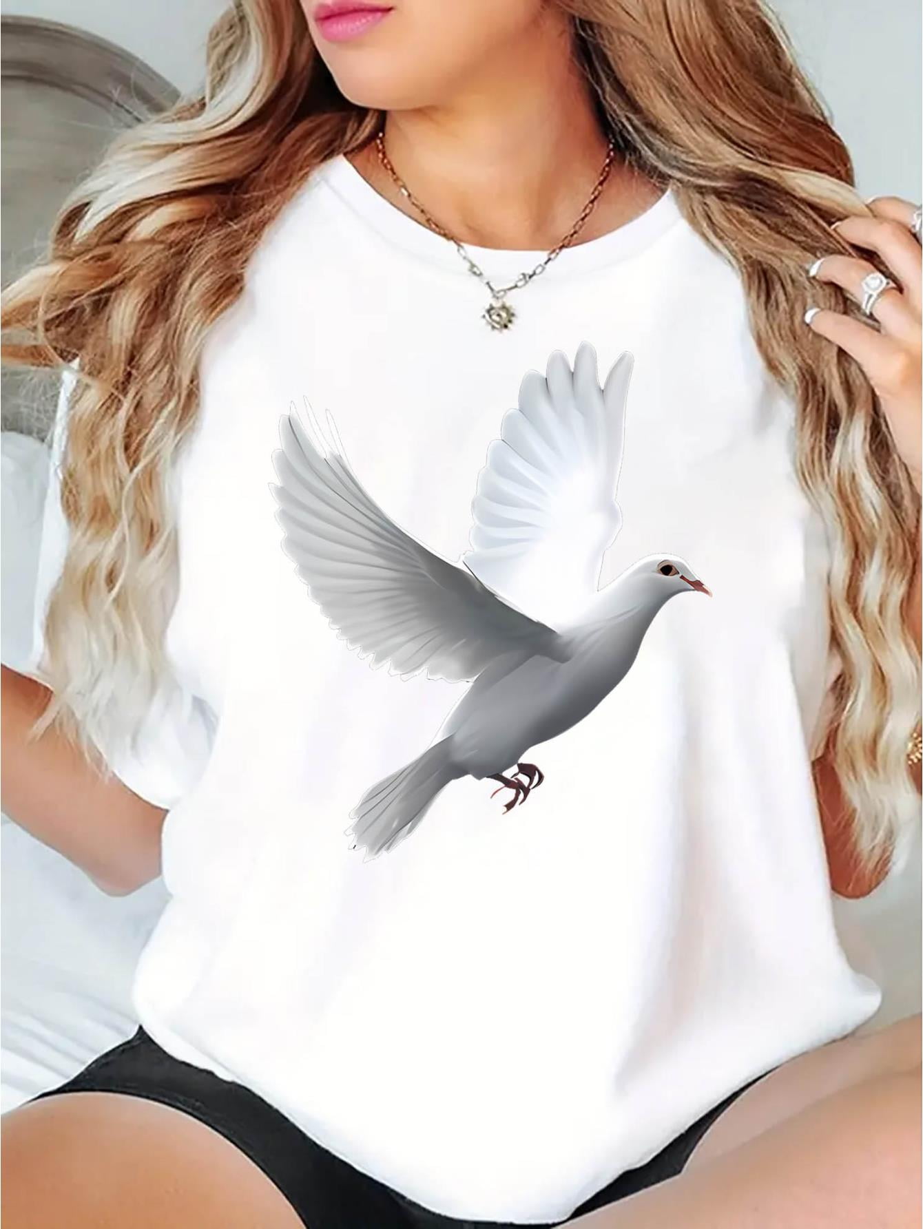 Chic Pigeon Print Women's T-Shirt - Casual Crew Neck, Short Sleeve ...