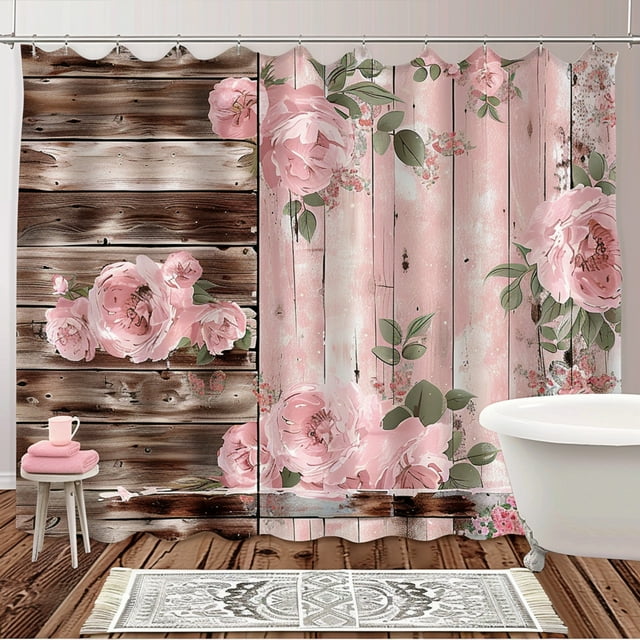 Chic Pink Floral Shower Curtain Set Elegant Bathroom Decor For Her