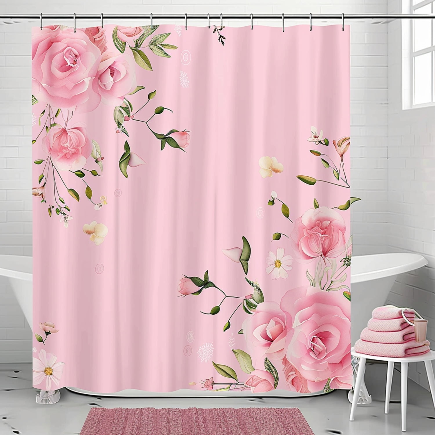 Chic Pink Floral Shower Curtain Set Ching Elegant Bathroom Decor With