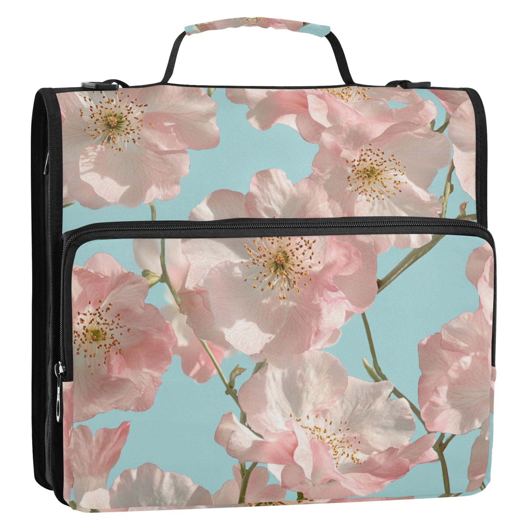 Chic Pink Flowers Binder Bag with Shoulder Strap 3 Ring Zipper Binder ...