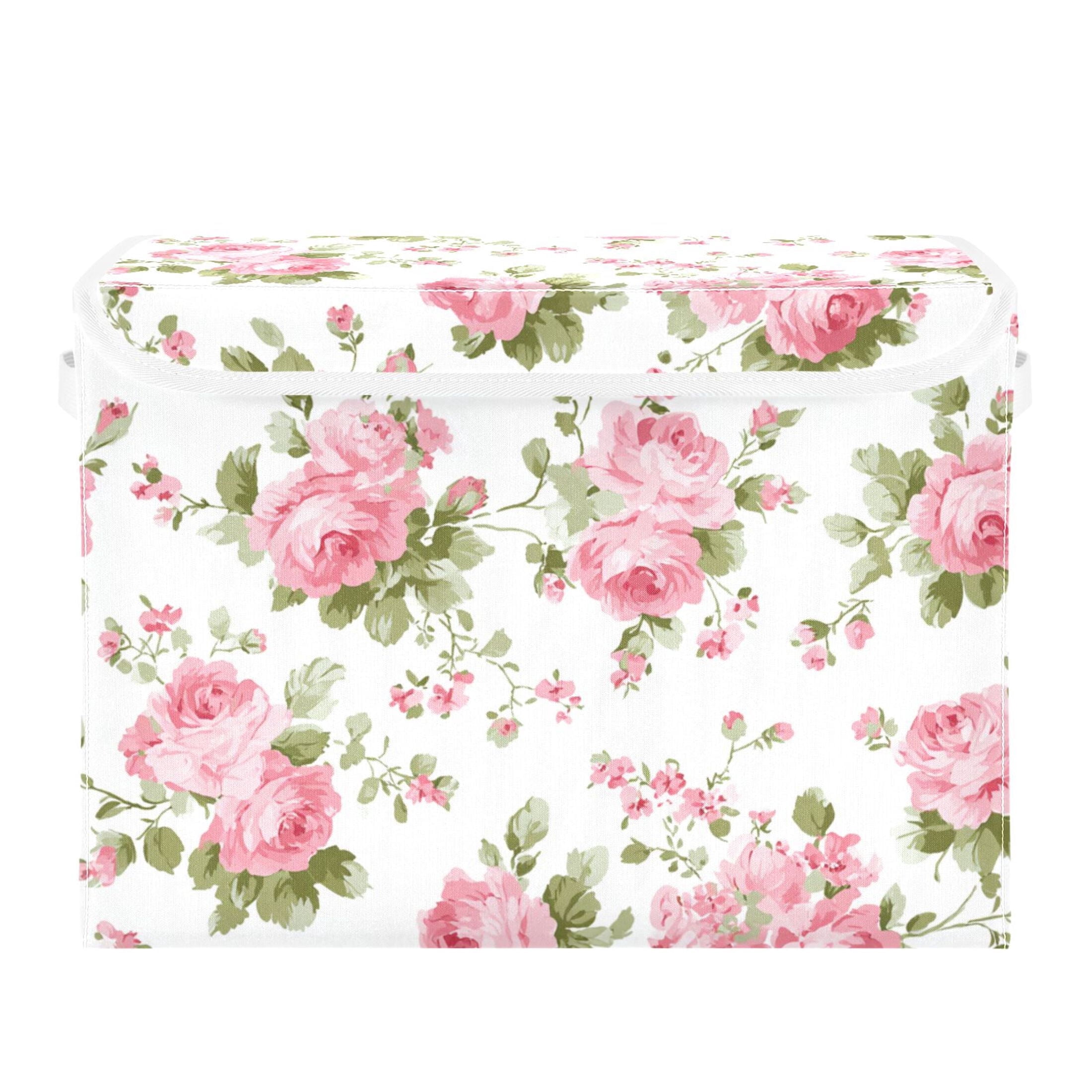 Chic Pink Roses Foldable Storage Bin with Lid and Handle Collapsible ...