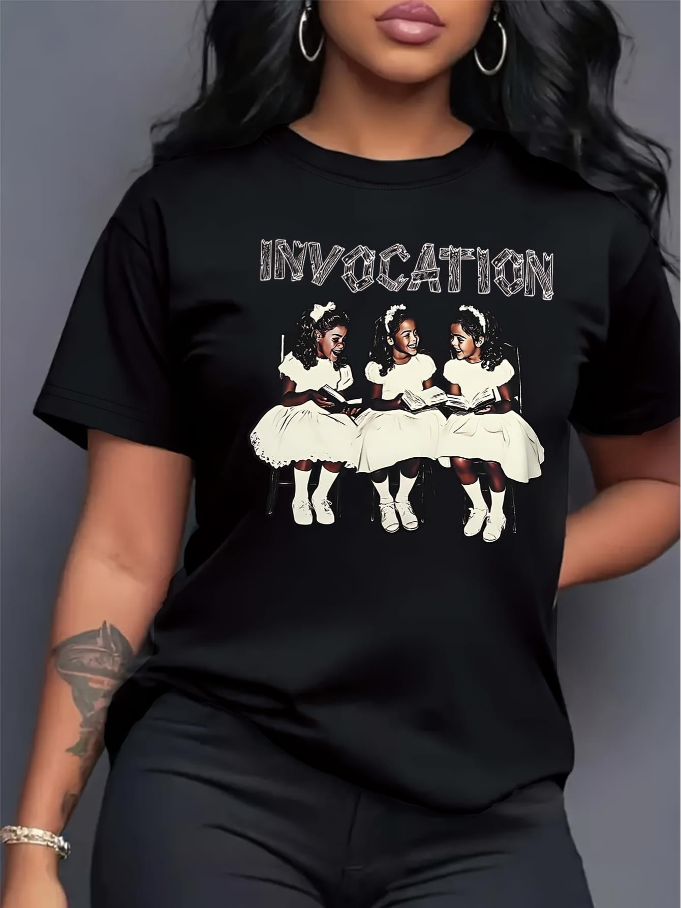 Chic Portrait Print Crew Neck T-Shirt for Women - Casual Short Sleeve ...