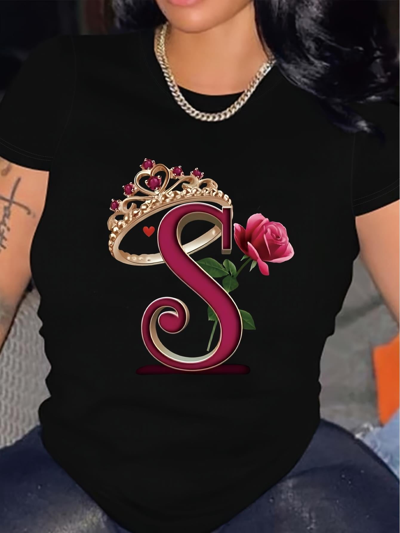 Chic Purple "S" Crown & Rose Graphic Tee for Women - Casual Short ...