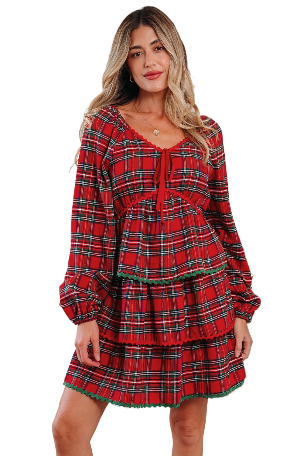 Chic Red Plaid Mini Dress for Women – Stylish Ricrac Tiered Design for ...