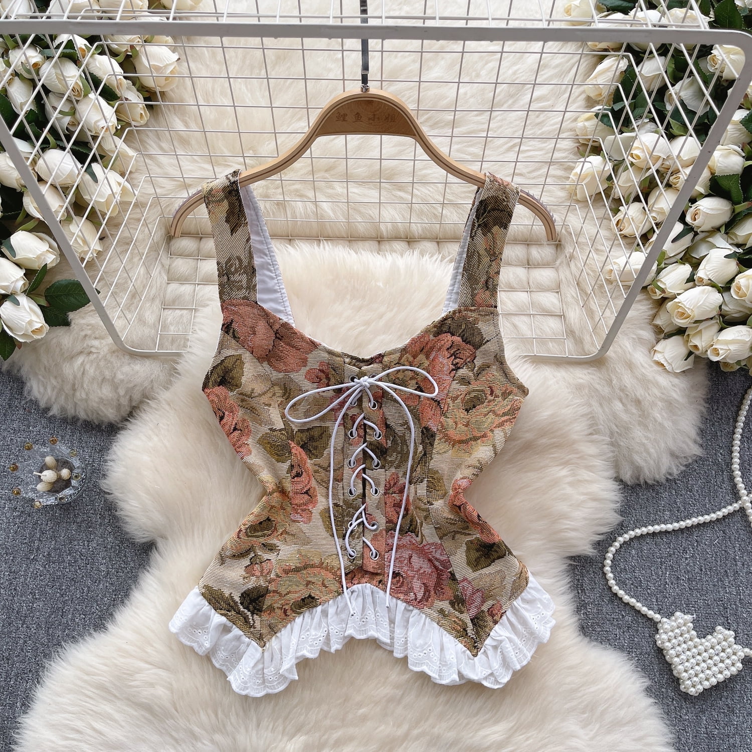 Chic Retro Print Lace Camis bandage French Fashion Tank Top Slim Asymmetrical Crop Top Sexy ...