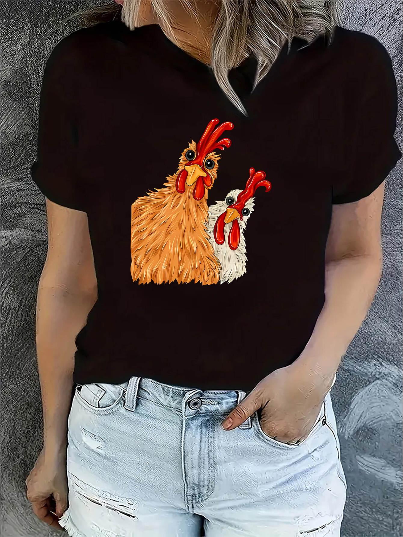 Chic Rooster Graphic Women's T-Shirt - Casual Crew Neck, Short Sleeve ...
