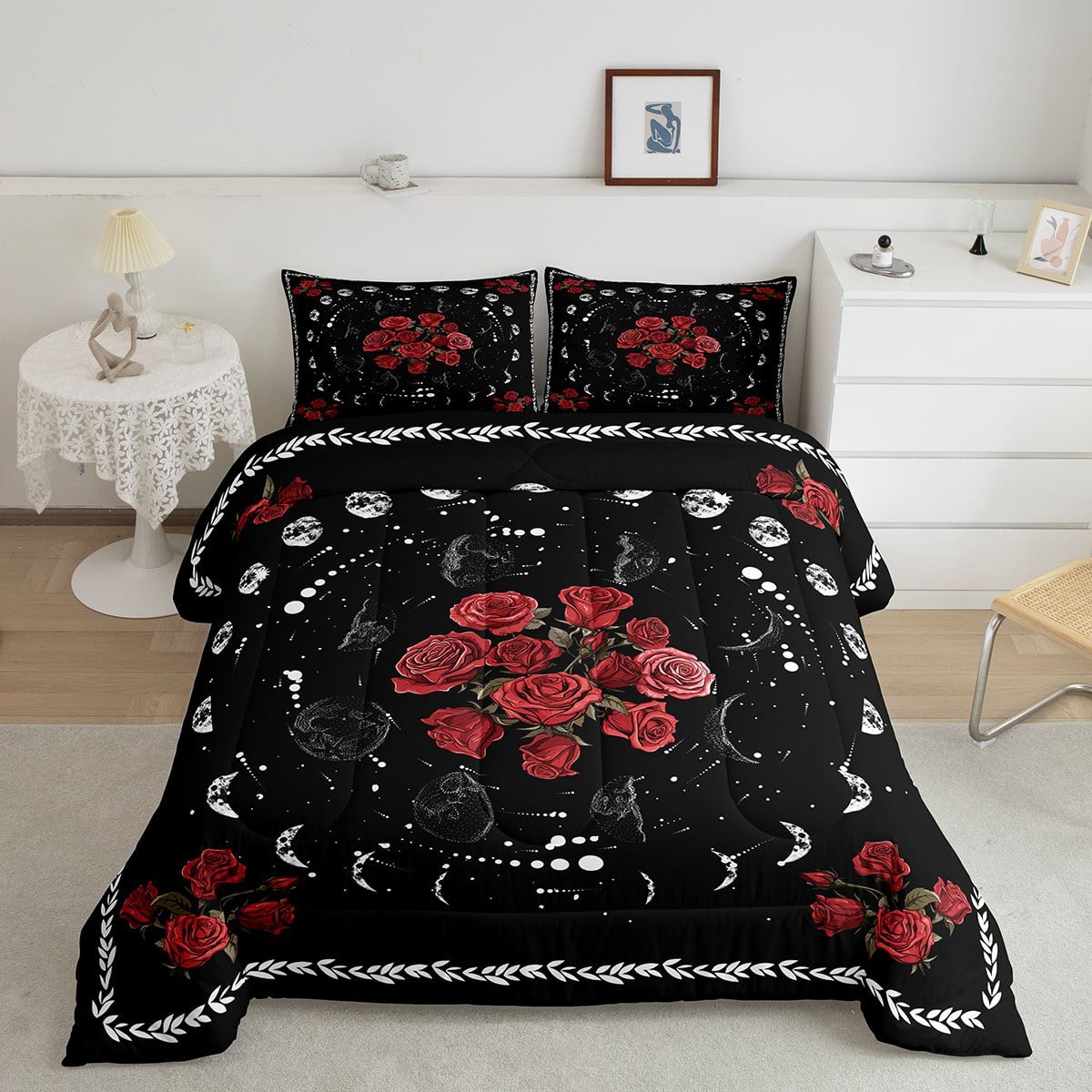 Chic Rose Floral Bedding Full Size Red Flower Comforter Set, Black and ...