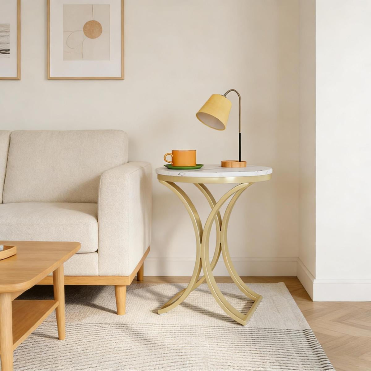Chic Round Faux Marble Sofa Side Table Gold C-Shaped Legs Narrow Coffee ...