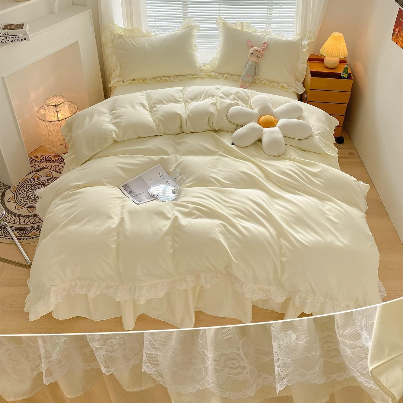 Chic Ruffle Lace Polyester Duvet Cover Set -Girl Yellow Bedding-2 Duvet ...