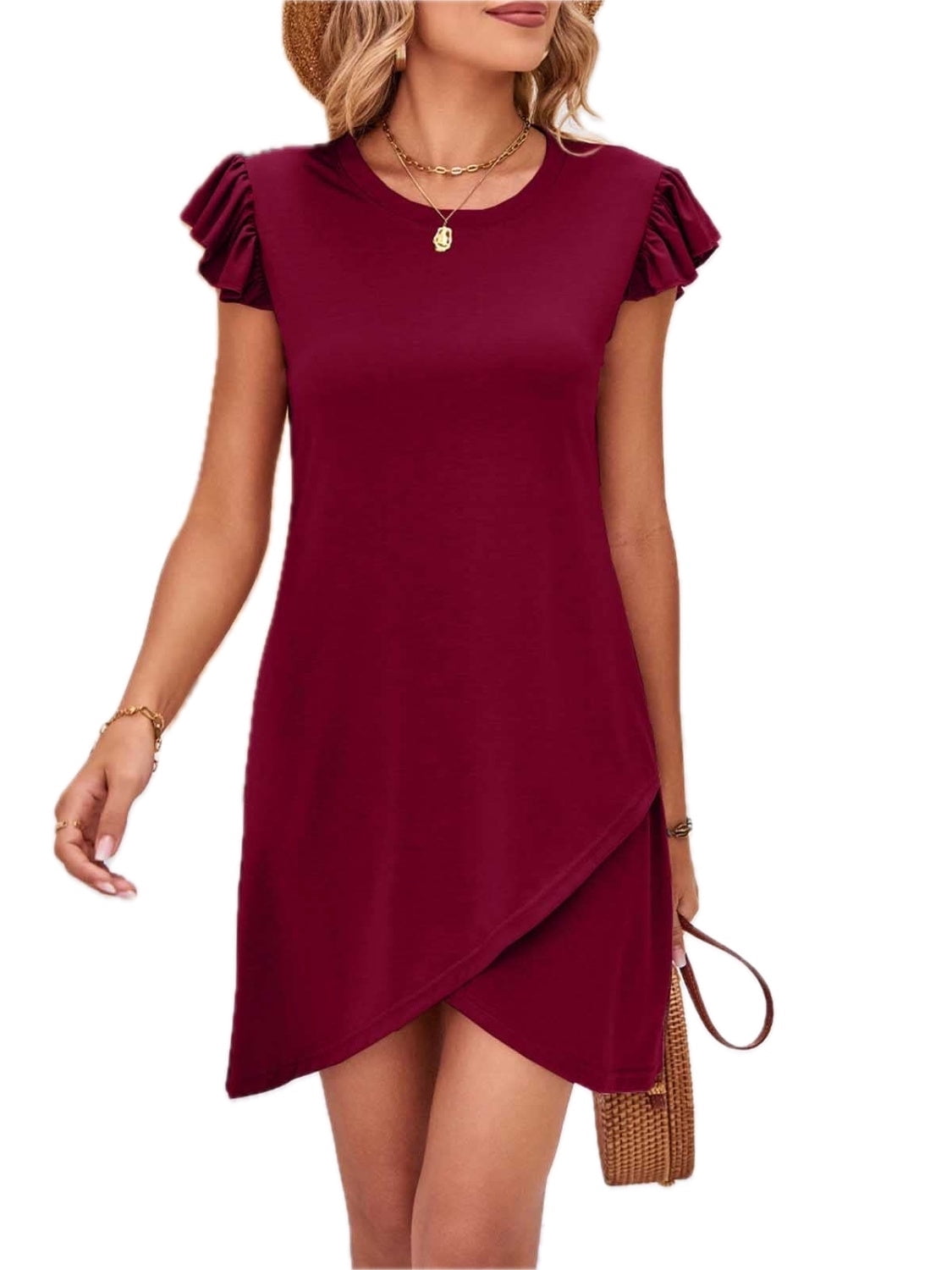 Chic Ruffled Cap Sleeve Mini Dress with Round Neck - Walmart.com