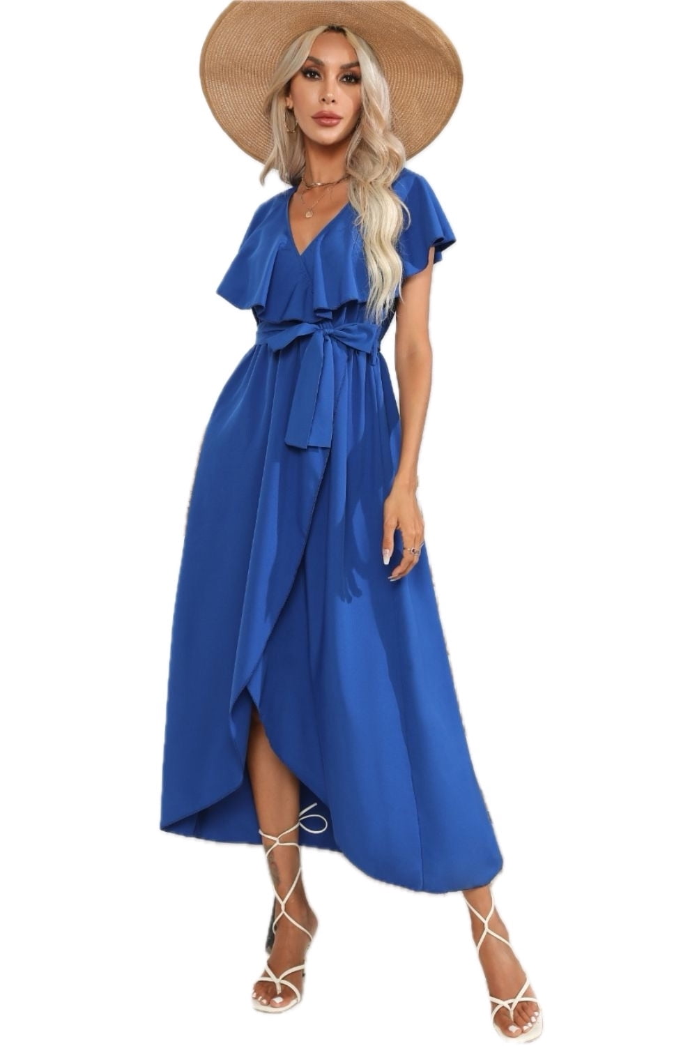 Chic Ruffled V-Neck Midi Dress with Tied Details - Walmart.com