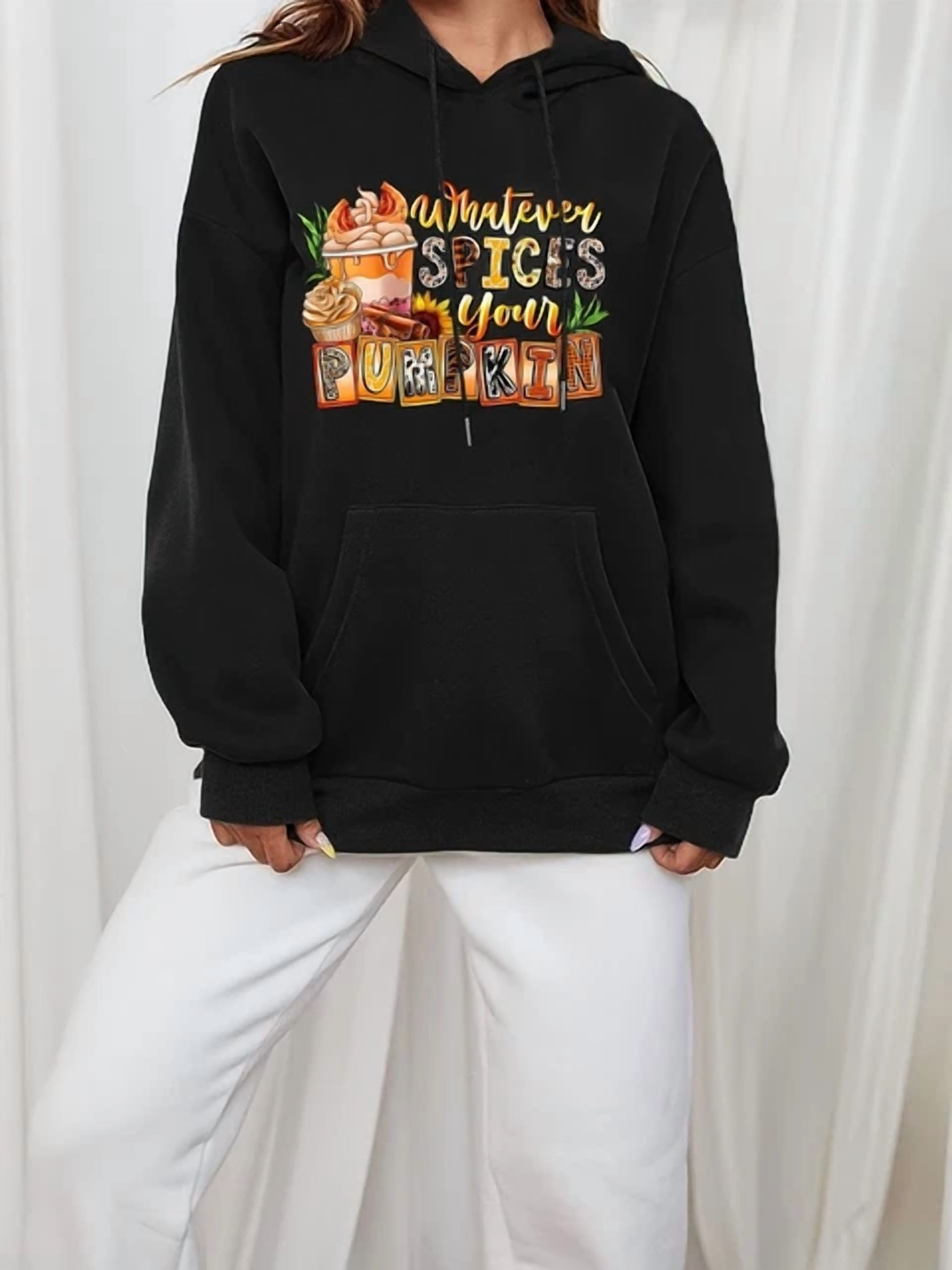 Chic Rune Letter Print Embossed Detail Soft Stretch 1 Side Hoodie S-5Xl ...