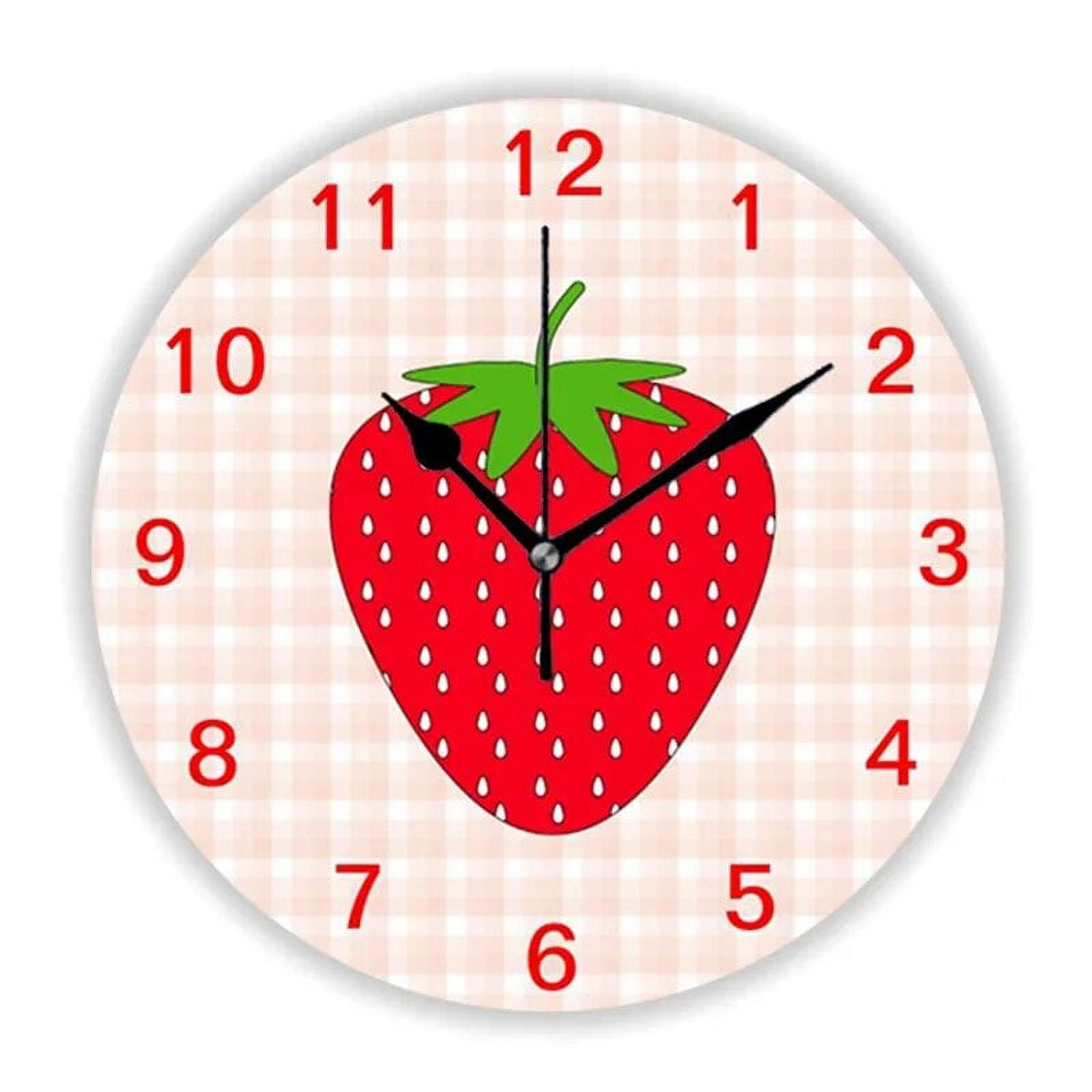 Chic Rustic Red Strawberry on Gingham Check Wall Clock Kitchen Dining ...