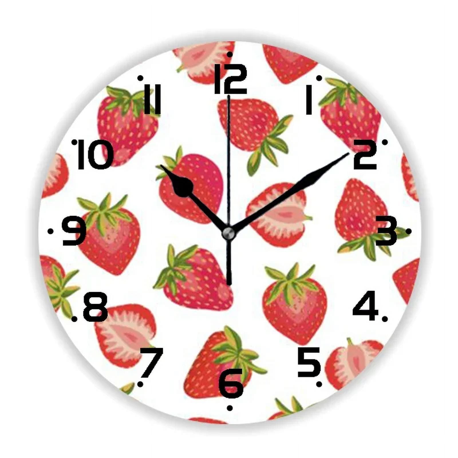 Chic Rustic Red Strawberry on Gingham Check Wall Clock Kitchen Dining ...