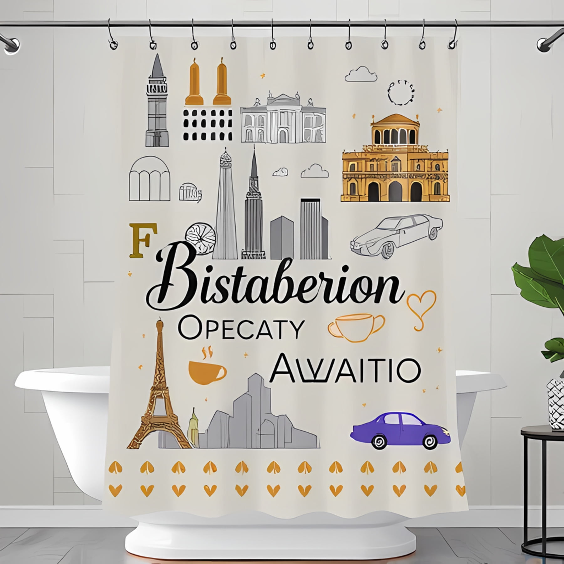 Chic Shower Curtain Iconic Cityscape Design Heart & Coffee Cup Patterns ...