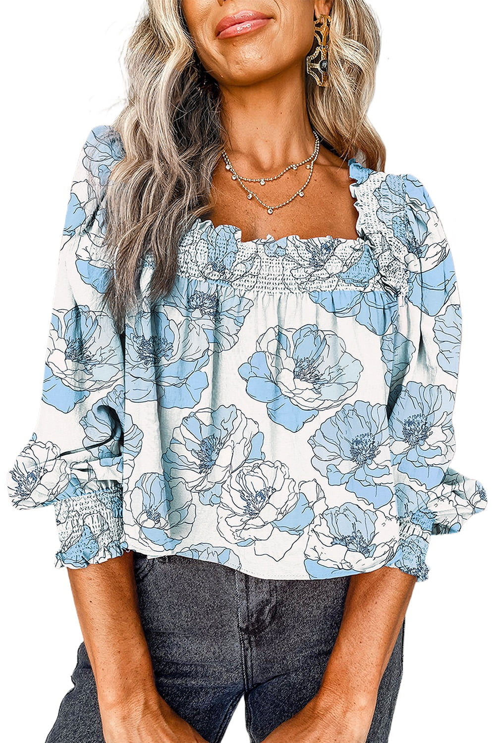 Chic Southern Belle Style: Sky Blue Floral Long Sleeve Blouse with ...