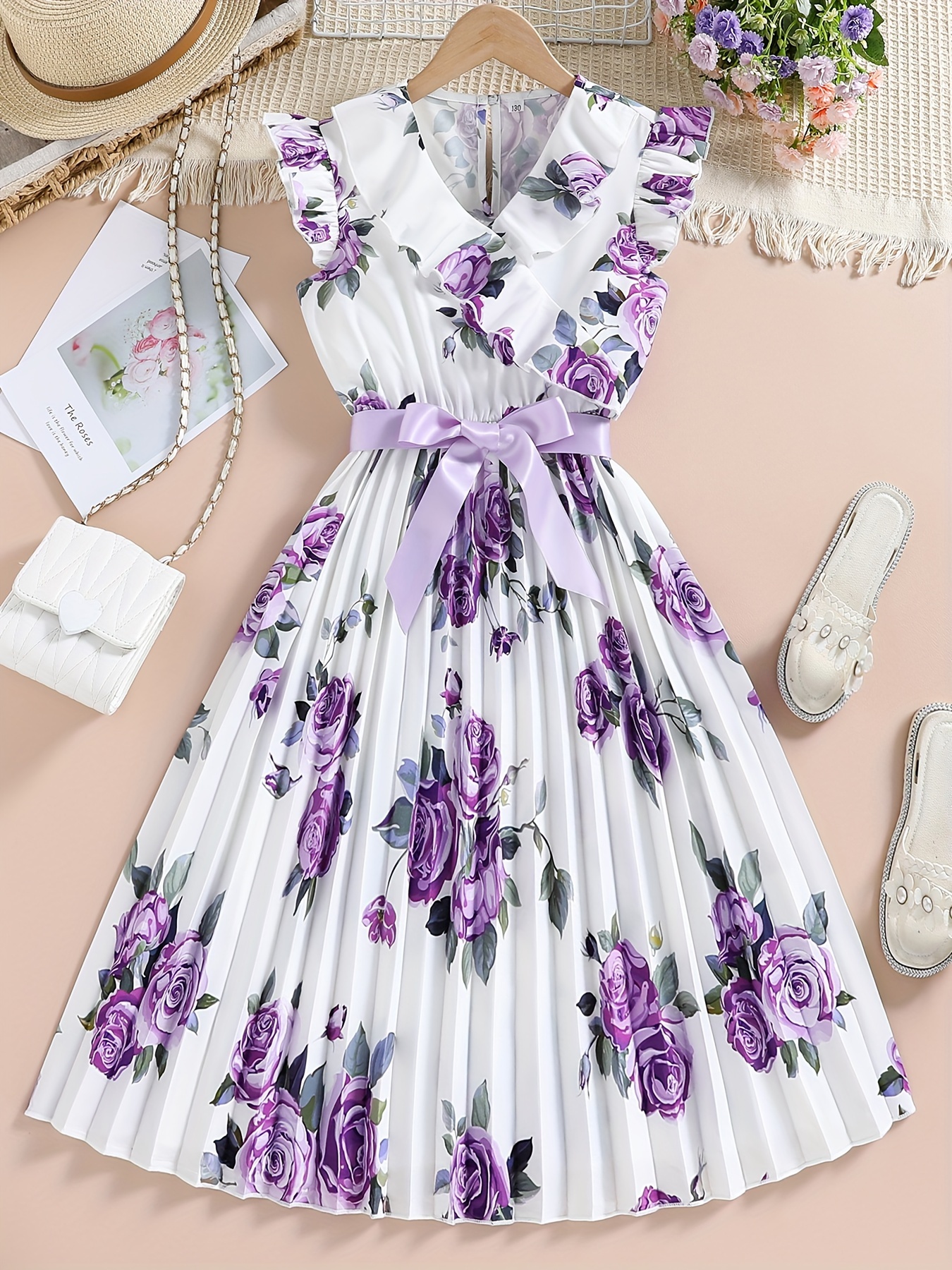 Chic Summer Floral Fit & Flare Girls' Dress with Belt – Easy-Care ...