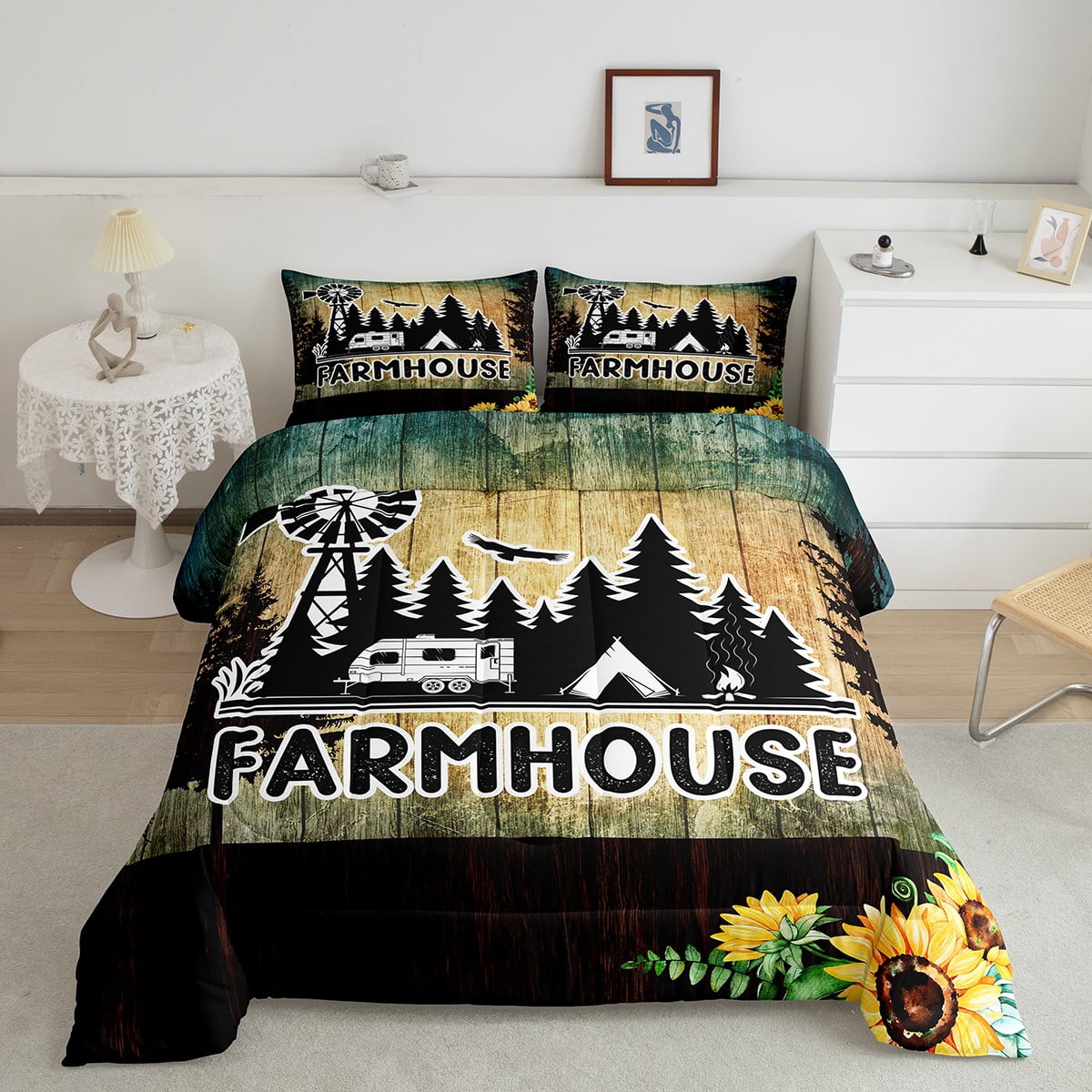 Chic Sunflower Comforter Set Queen Retro Windmill Bedding Set, Turqoise ...