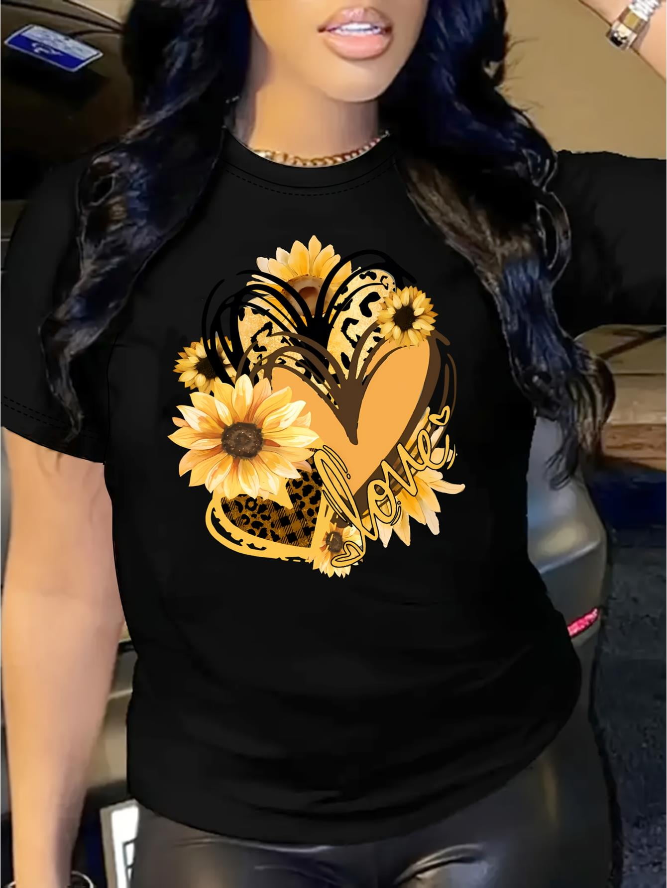 Chic Sunflower Heart Pattern T-Shirt for Women - Casual Crew Neck, Short Sleeve Top, Stretch Fit ...