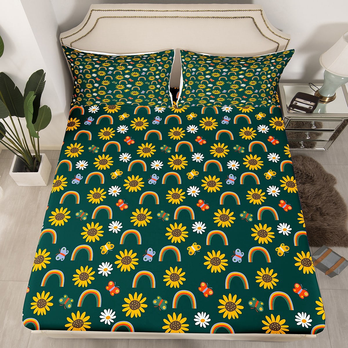 Chic Sunflower Queen Fitted Sheet Women Butterfly Sheets, Cartoon ...